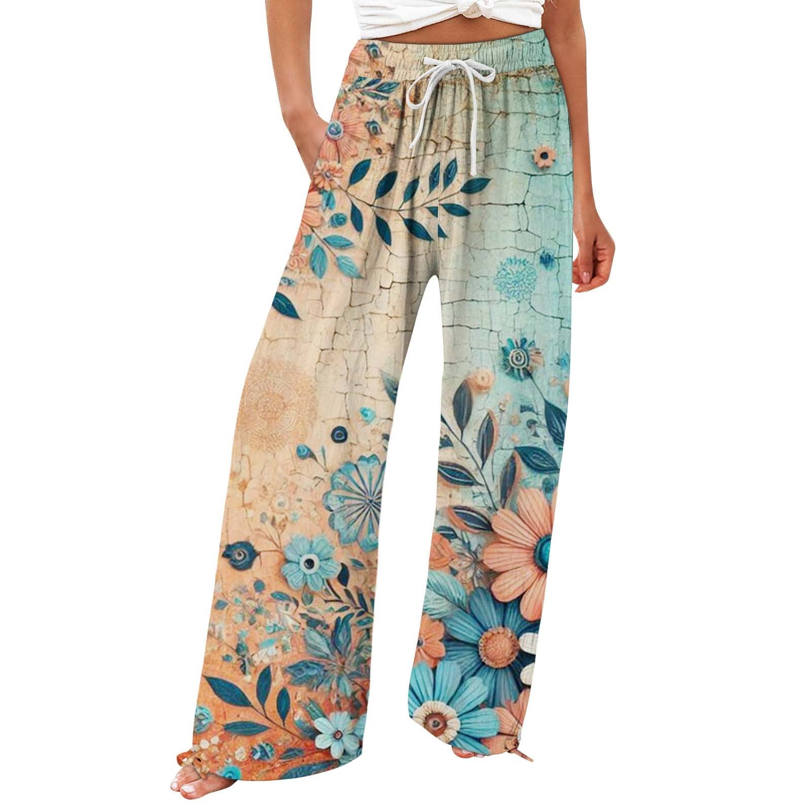 Casual Pants for Women Drawstring Loose High Waisted Retro Printed Wide ...