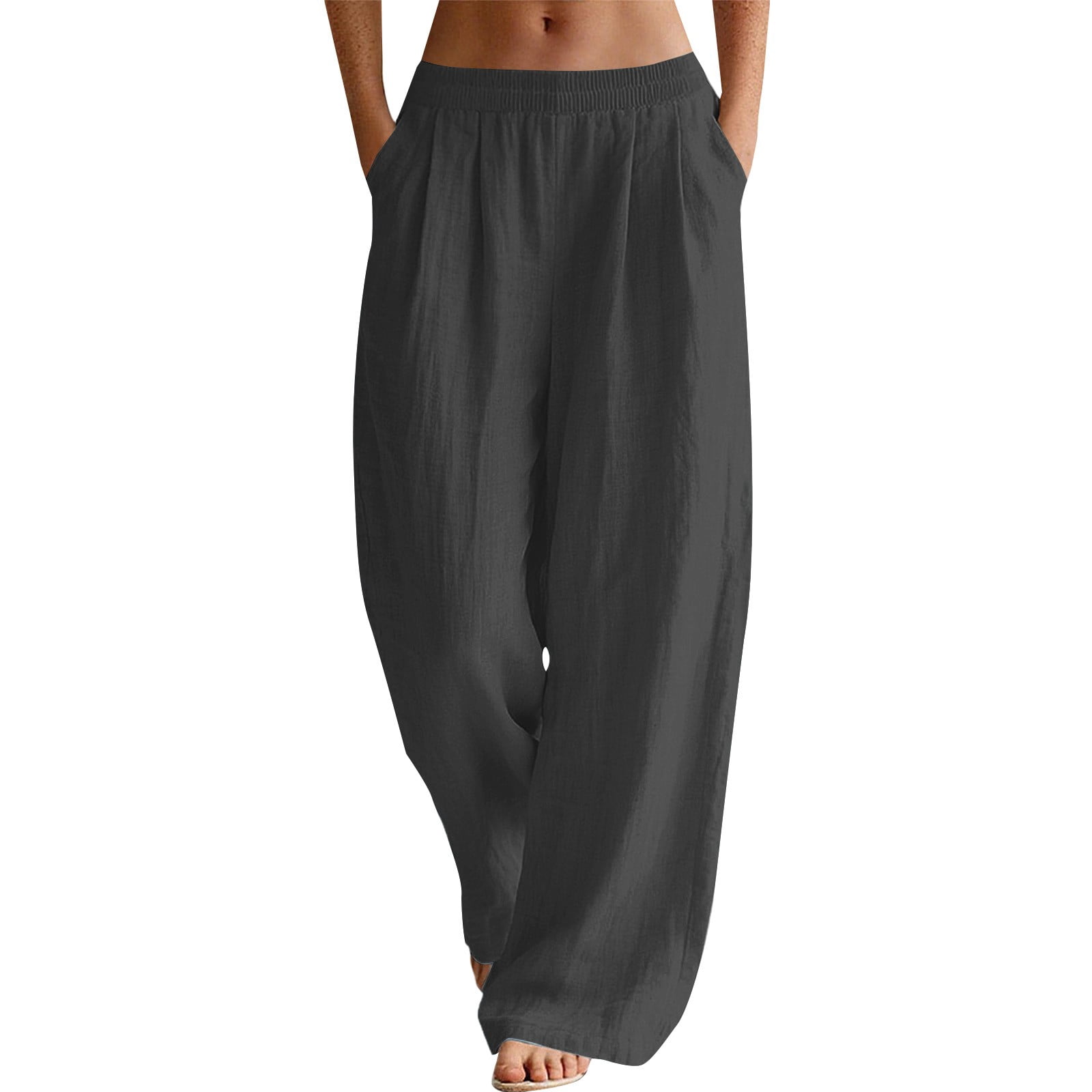 Casual Pants for Women Elastic Belt Waist Loose Pocket Unpatterned ...