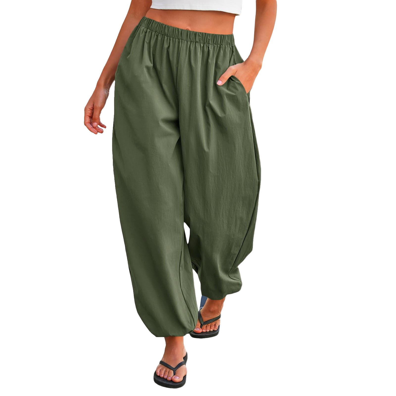 Casual Pants for Women Elastic Waist Baggy Pleated Trendy Wide Leg ...