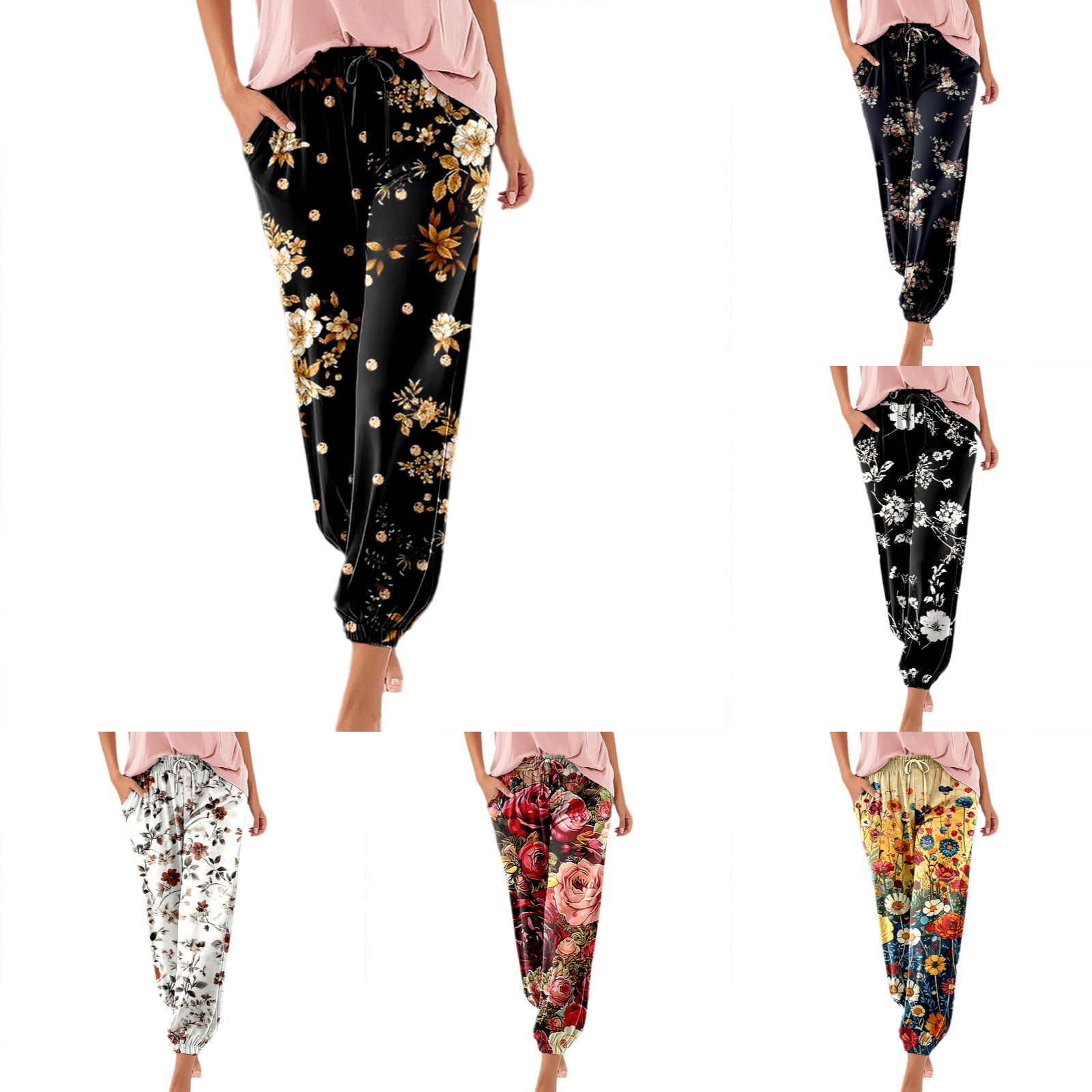Casual Pants for Women Floral Printed Slik Boho Elastic Waist Joggers ...