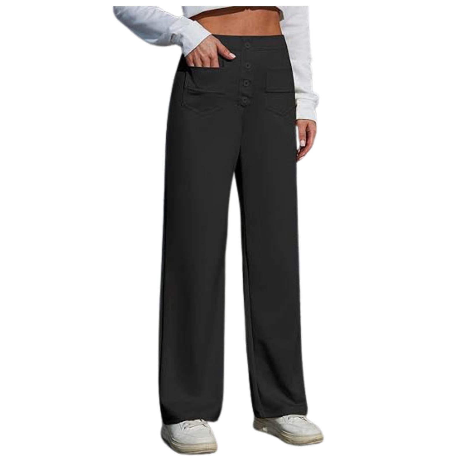 Casual Pants for Women High Elastic Waist Straight Wide Leg Button Down ...