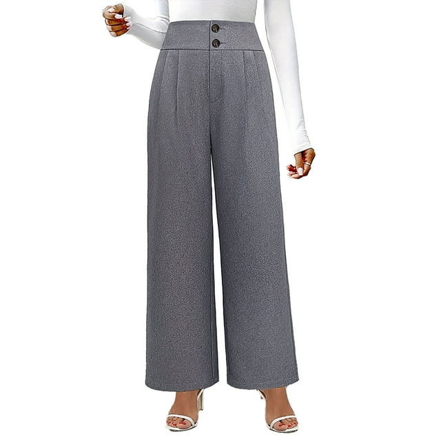Casual Pants for Women High Rise Slacks Button Wide Leg Straight Work ...