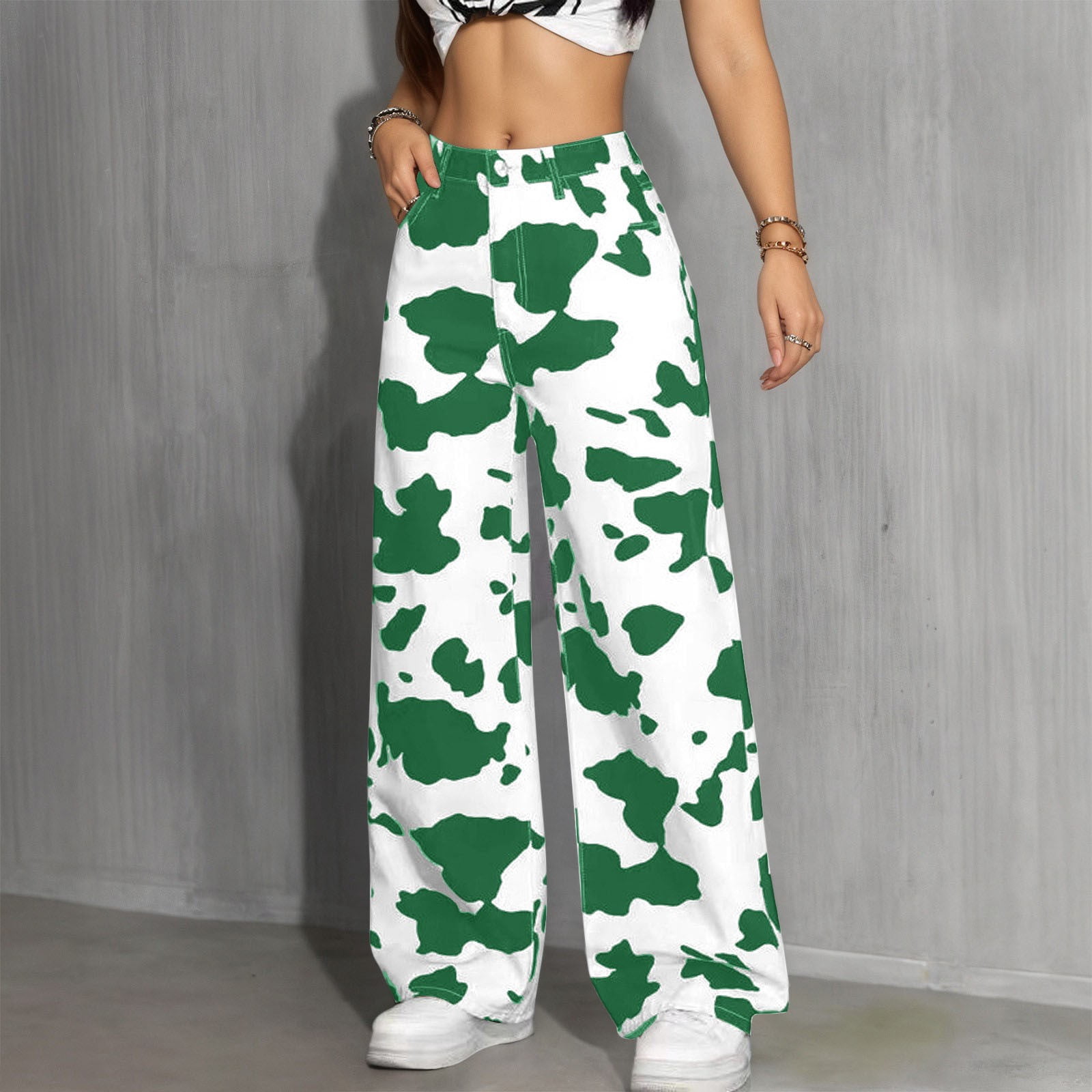 Casual Pants for Women High Waist Wide Leg Trousers Cow Print Straight ...
