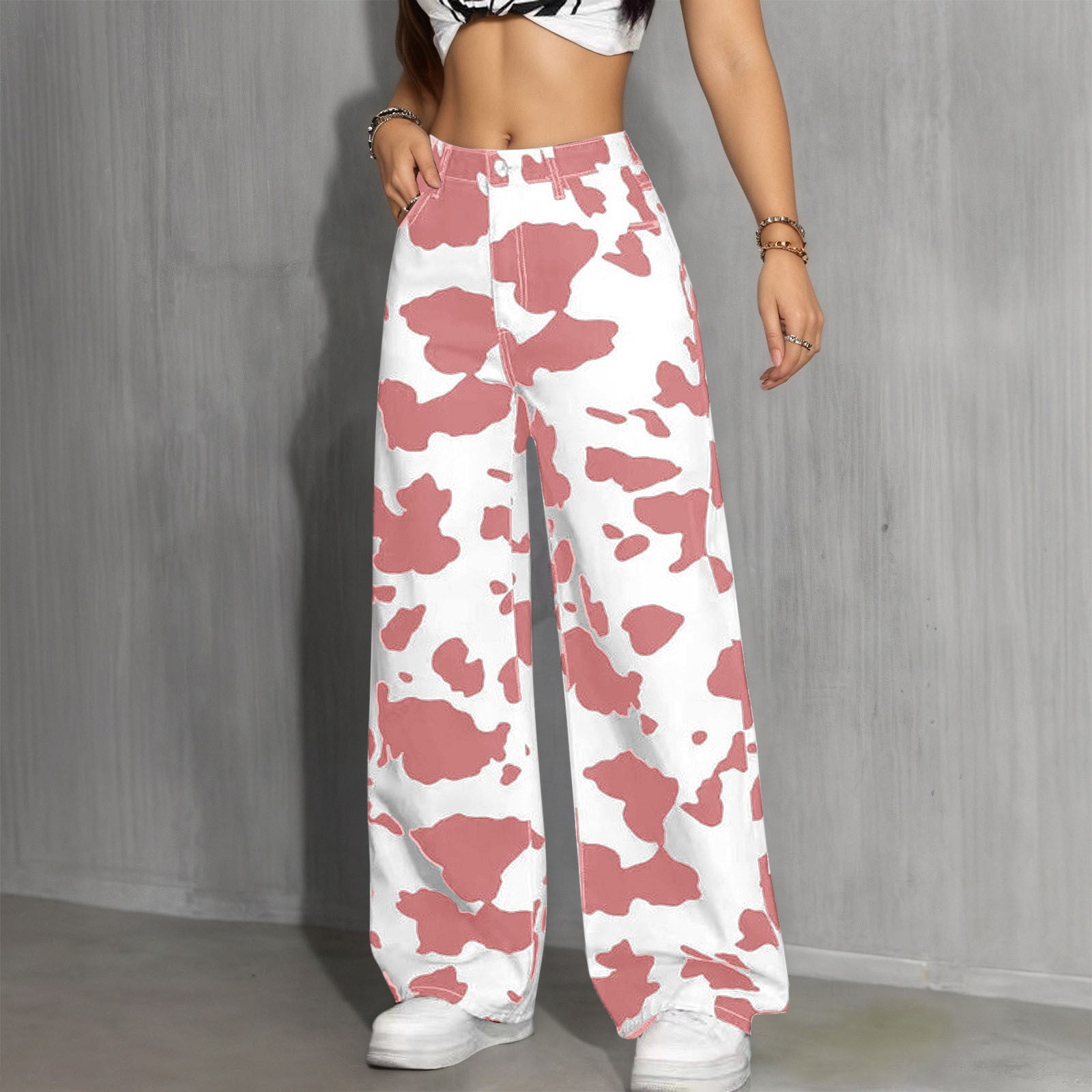 Casual Pants for Women High Waist Wide Leg Trousers Cow Print Straight ...