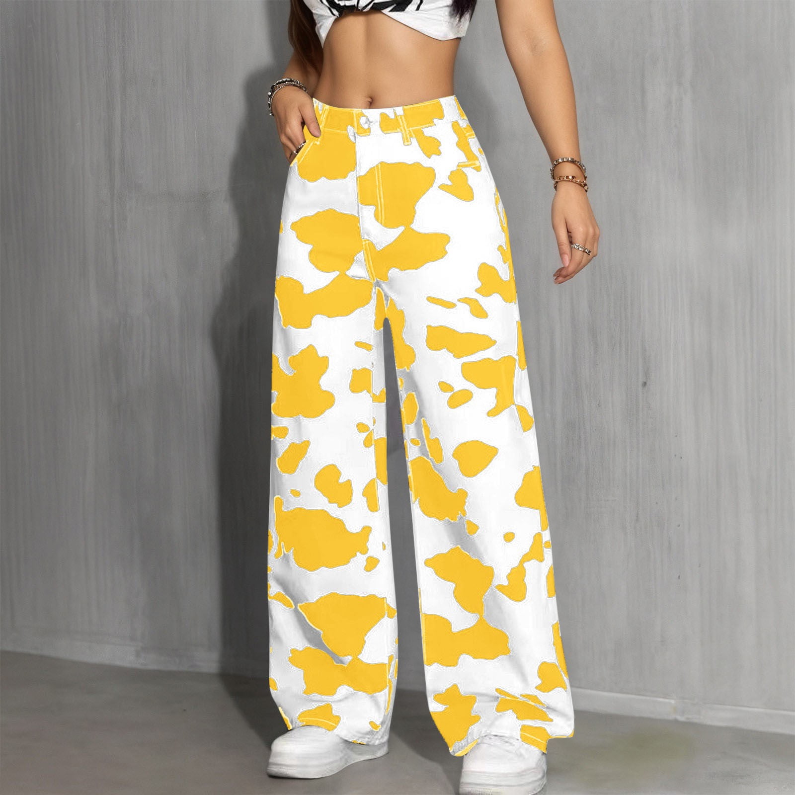 Casual Pants for Women High Waist Wide Leg Trousers Cow Print Straight ...