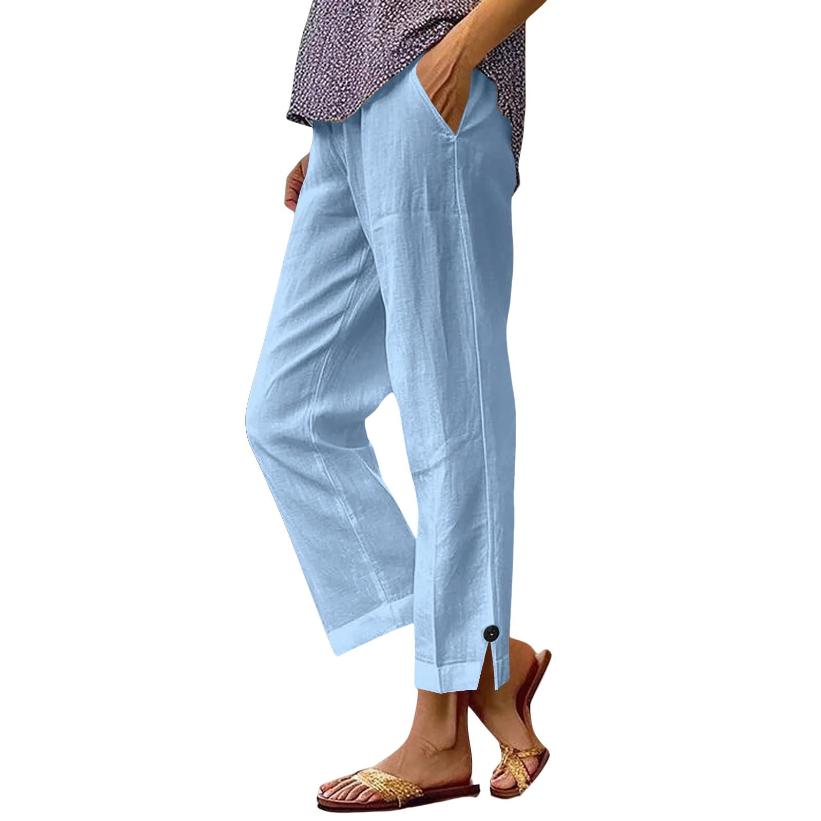 Casual Pants for Women High Waisted Straight Leg Linen Cropped Summer ...