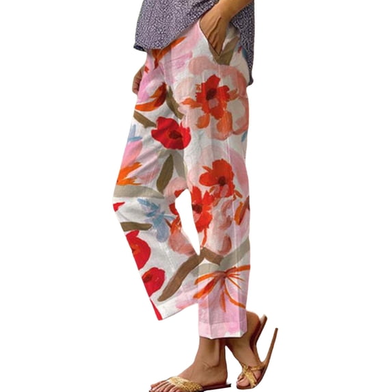 Casual Pants for Women Loose Pocket Patchwork Botanical Floral Design ...