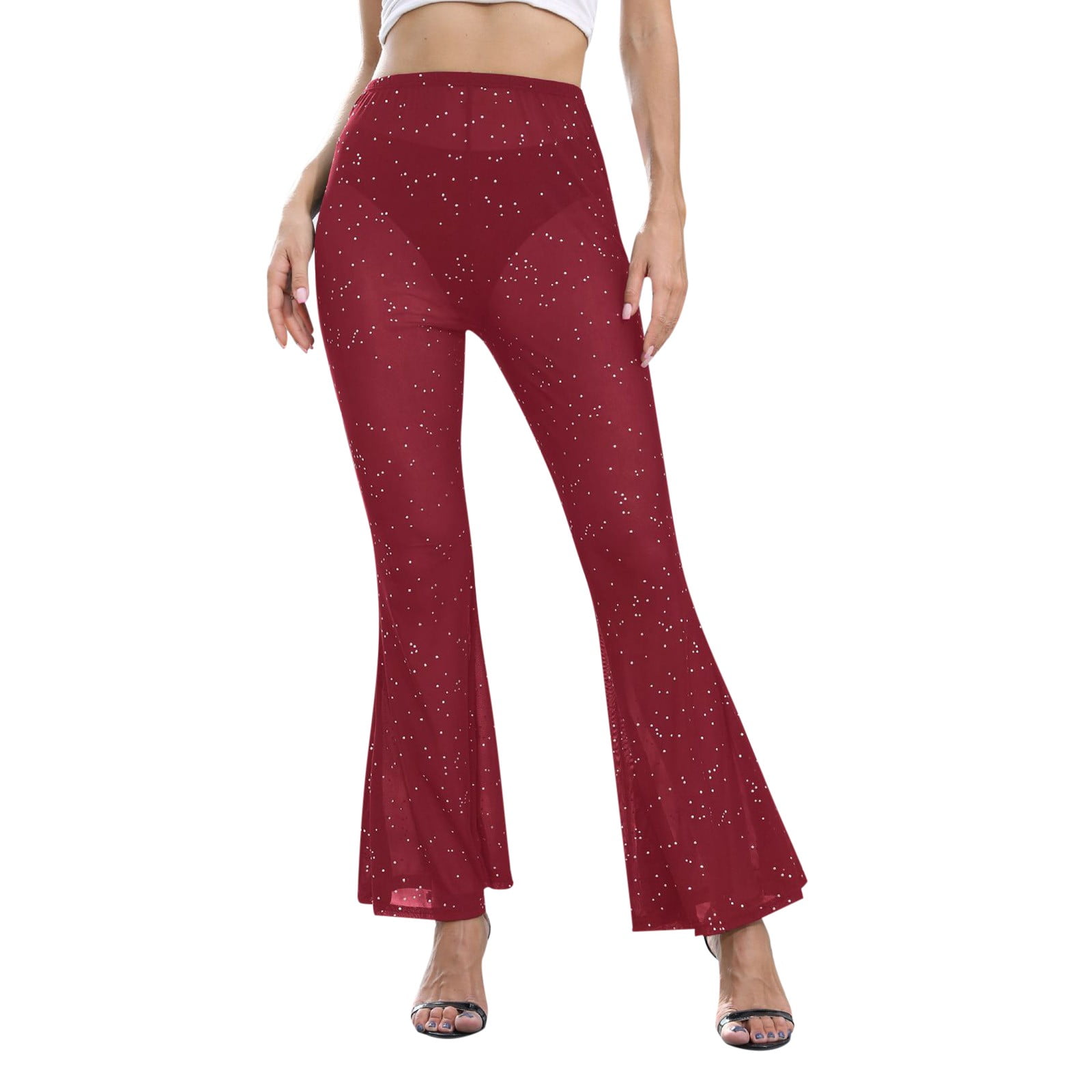 Casual Pants for Women Mesh Transparent Flared Trousers with High Waist Nightclub Party Glitter ...