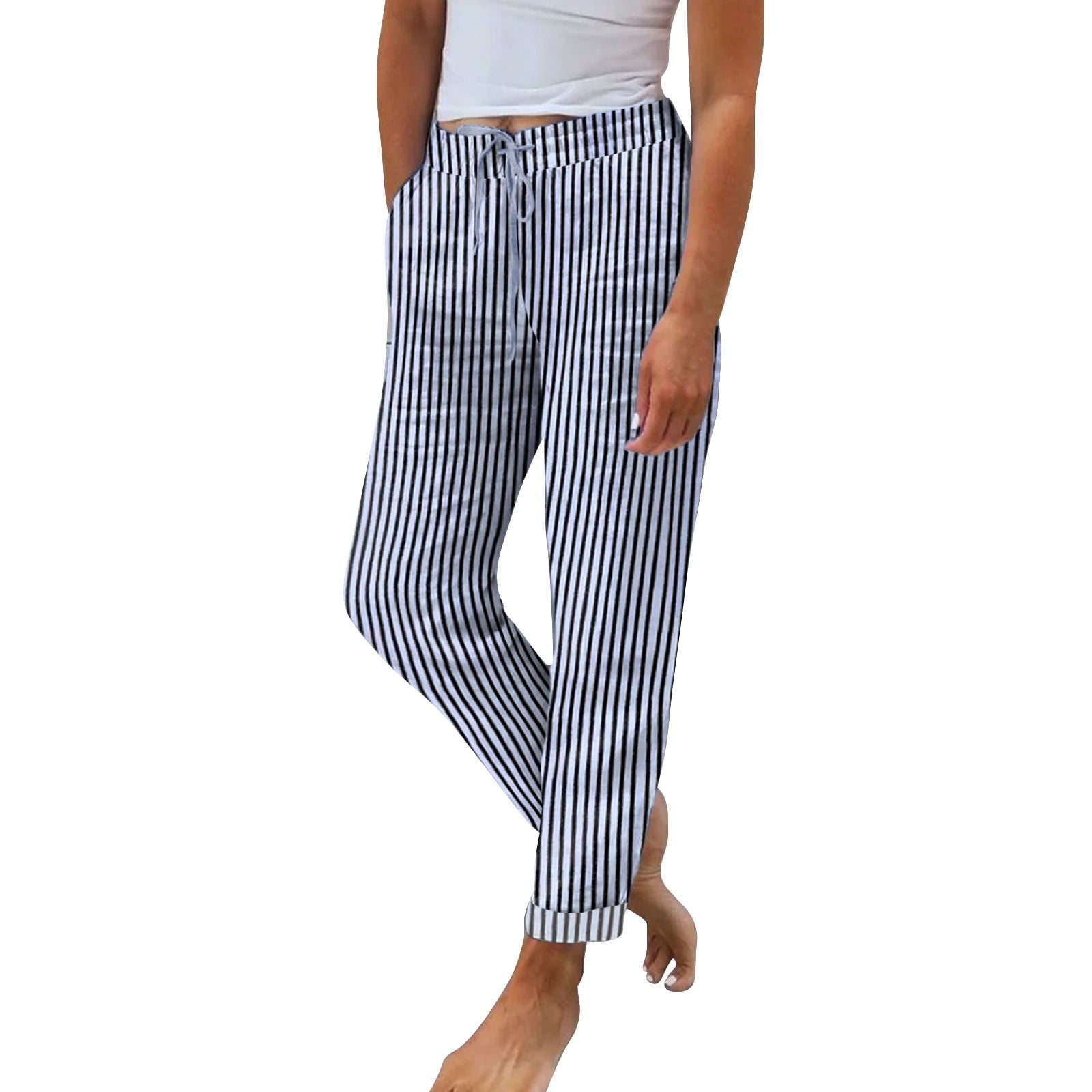Casual Pants for Women Side Button Cropped Elastic Belt High Pocket ...