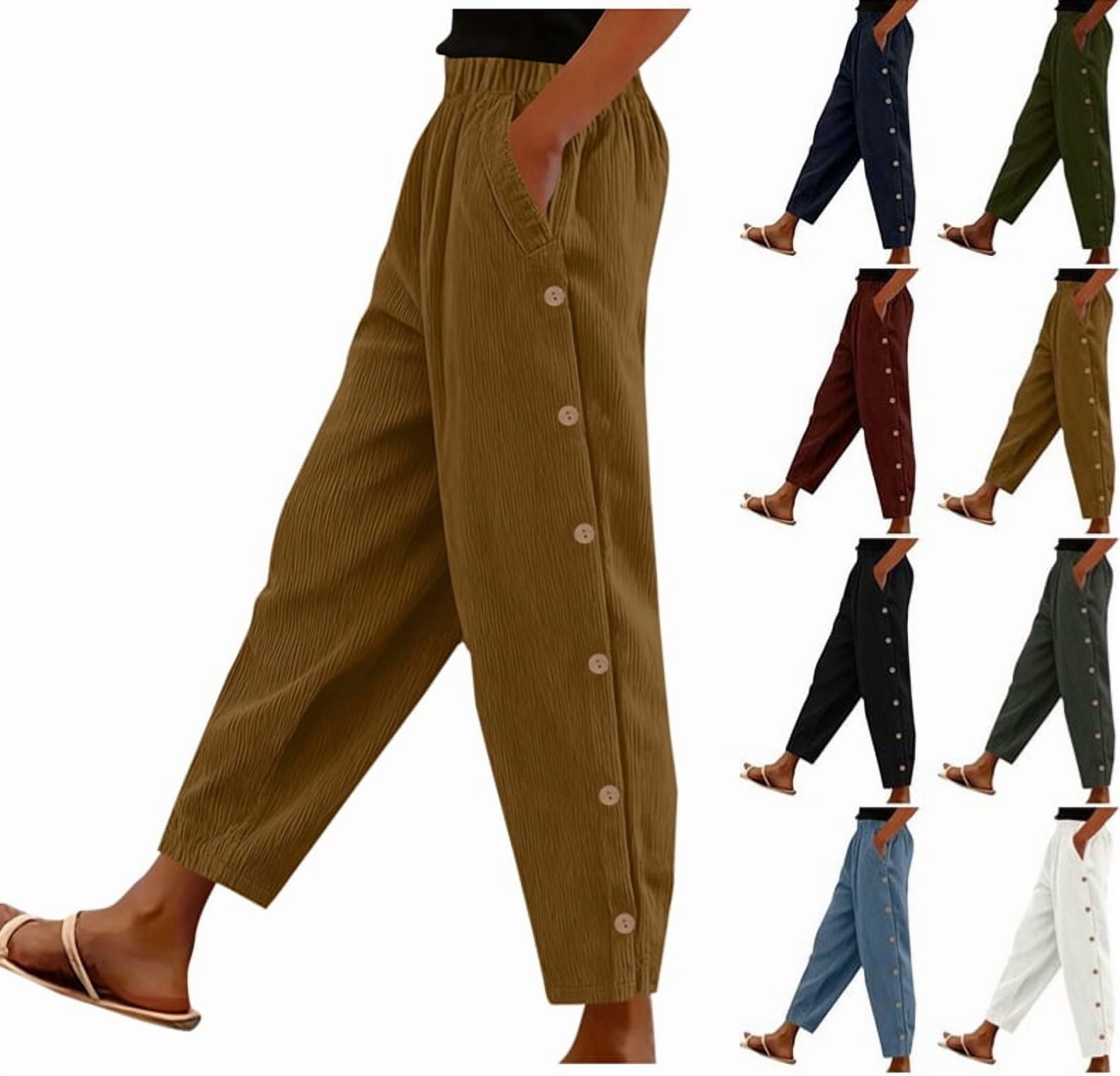 Casual Pants for Women Side Button Elastic Waist Fall Pant Straight Leg ...