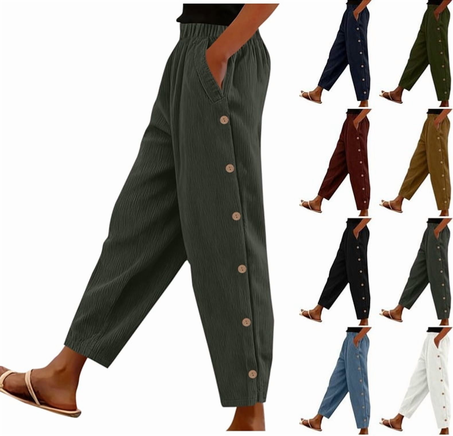 Casual Pants for Women Side Button Elastic Waist Fall Pant Straight Leg ...