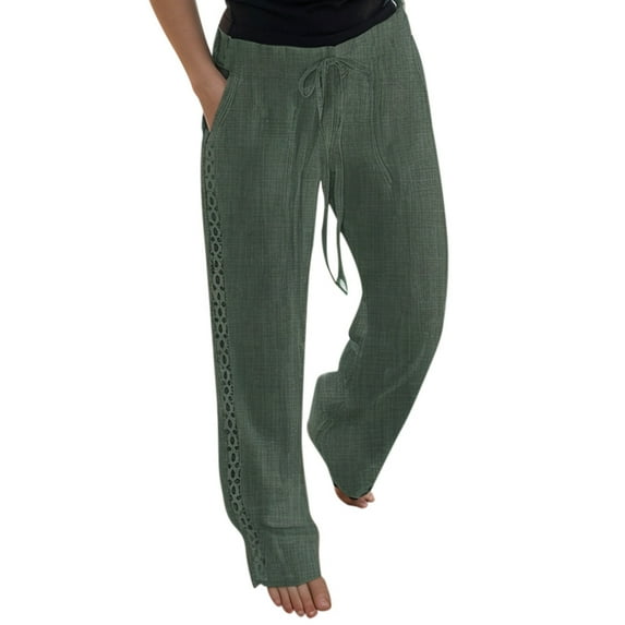 Casual Pants for Women Solid Color Elastic Waist Loose Side Lace Cutout ...