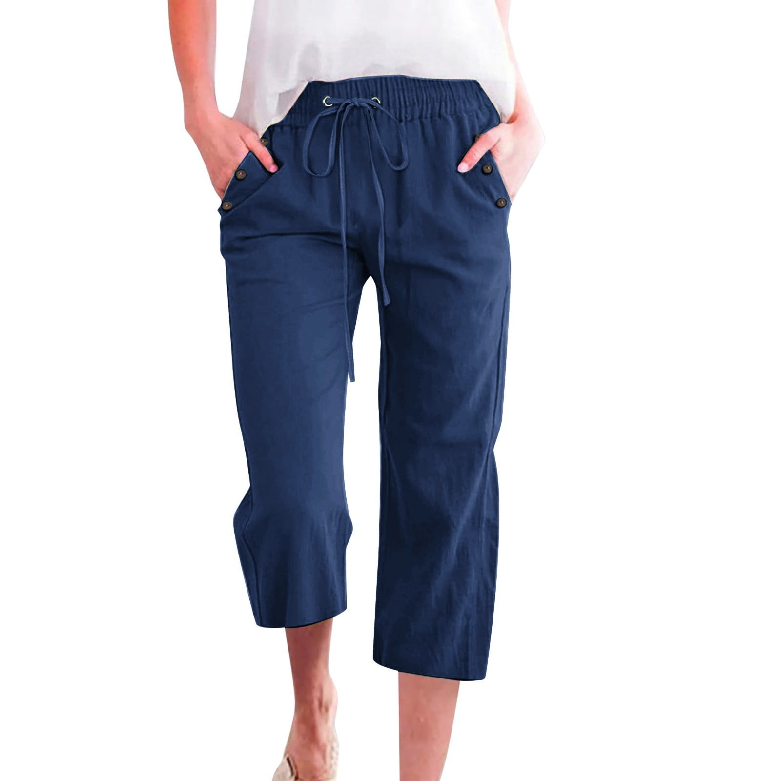 Casual Pants for Women Solid Color Linen Blend Loose Fit with Pockets 7 ...