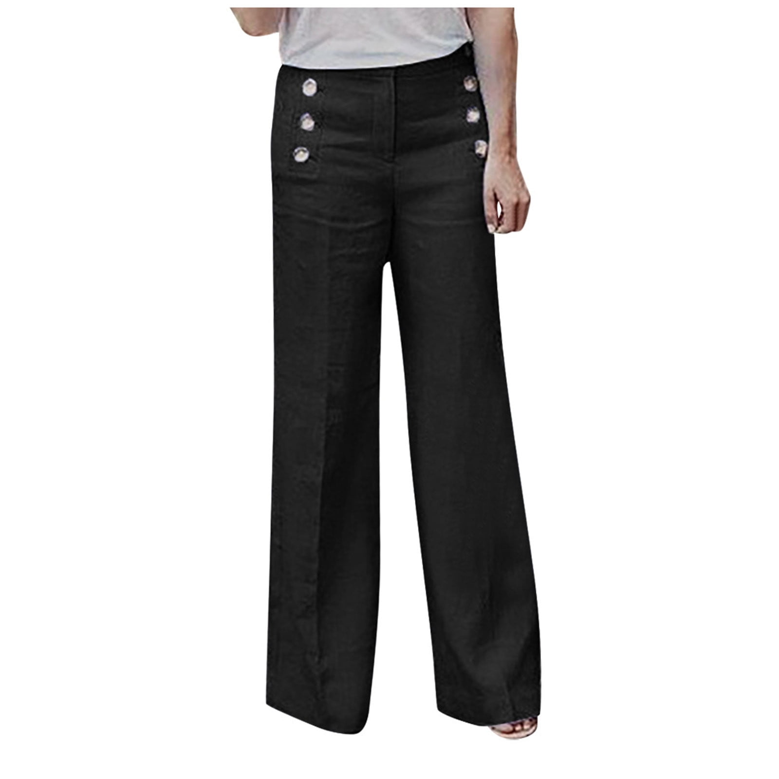 Casual Pants for Women Spring Summer Button Baggy Wide Leg Basic Cotton ...