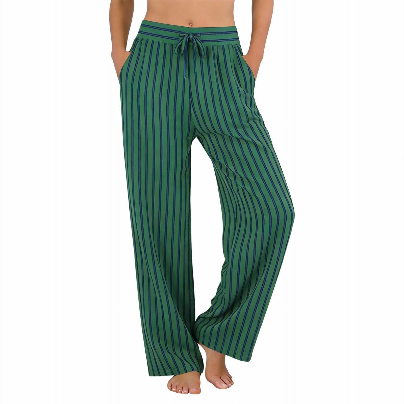 Casual Pants for Women Straight Leg Stripes Trousers with Drawstring ...