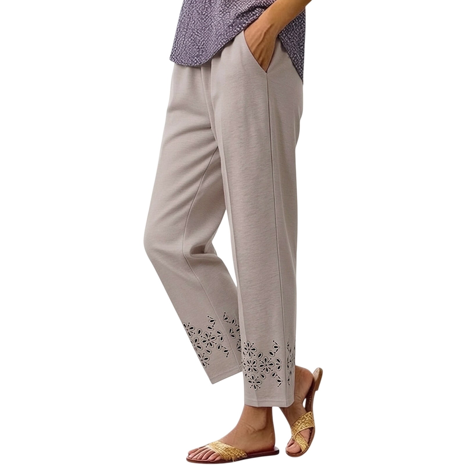 Casual Pants for Women Summer Lightweight Blended Elastic Waist Single ...