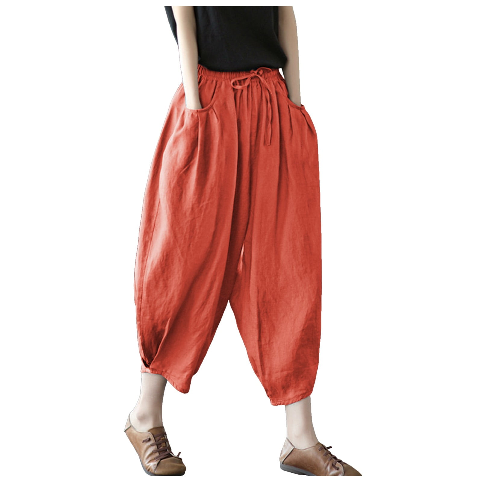 Casual Pants for Women Waist Elastic Band Balloon Solid Color ...