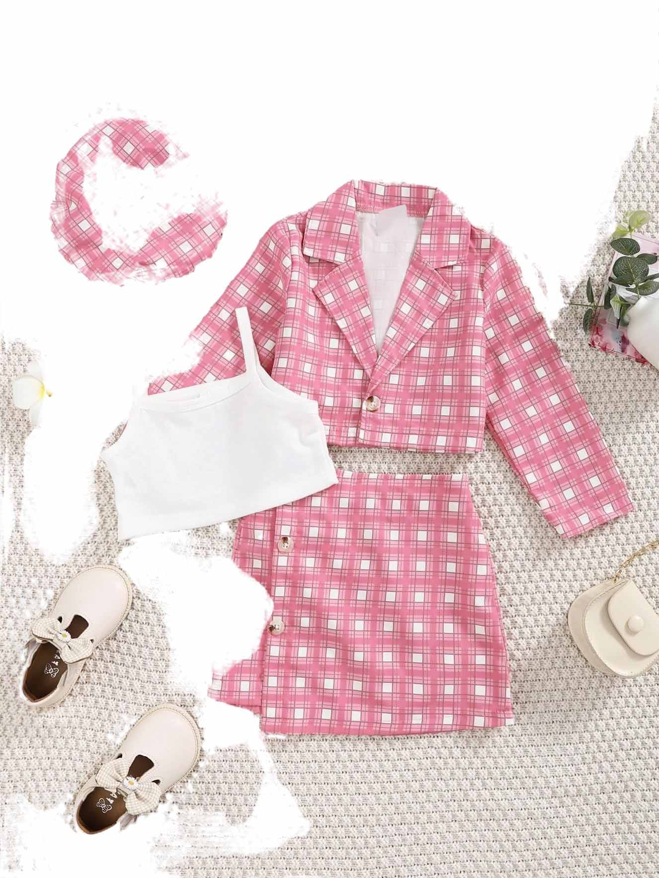 Casual Plaid Lapel Neck Long Sleeve Pink Toddler Girls Two-piece Outfits (Girl's) - Walmart.com