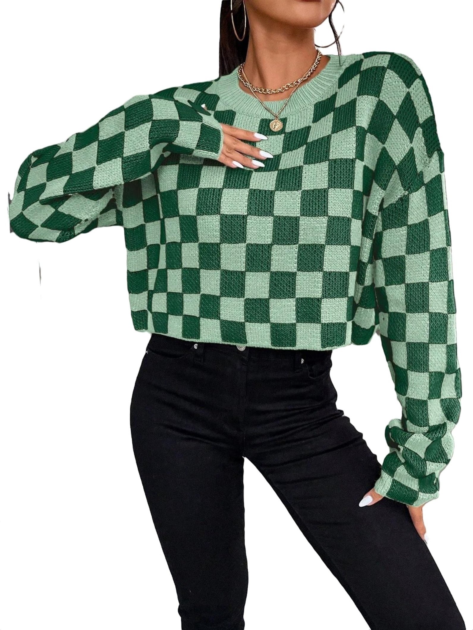 Casual Plaid Pattern Round Neck Pullovers Long Sleeve Multicolor Women ...