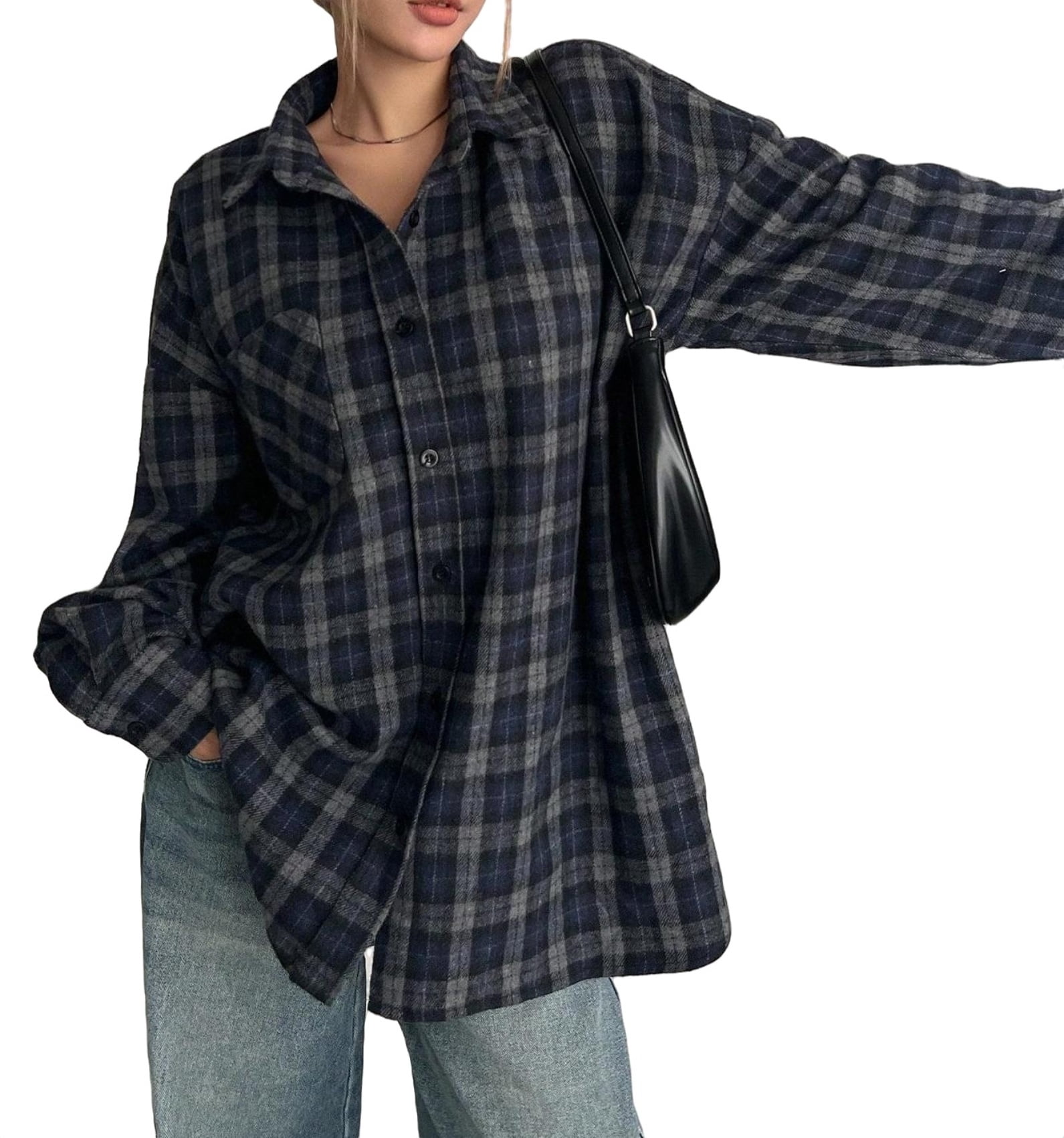 Casual Plaid Print Collar Shirt Long Sleeve Blue Women Blouses (Women's ...