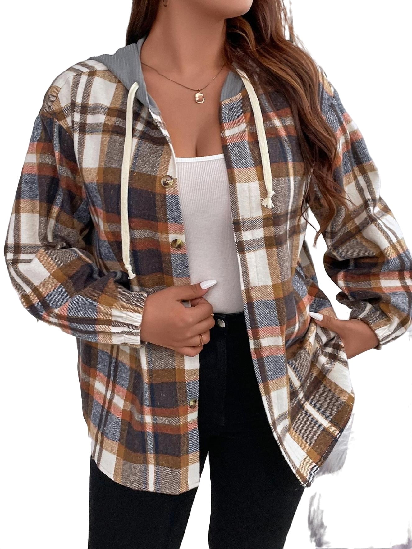 Casual Plaid Print Hooded Shacket Long Sleeve Multicolor Plus Size ...