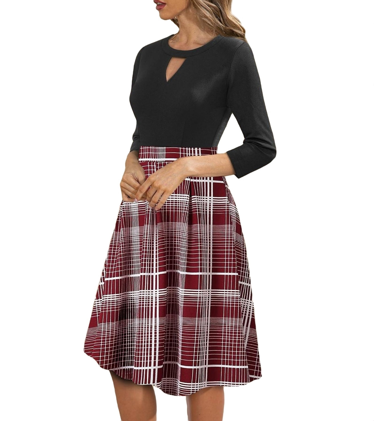 Casual Plaid Print Keyhole Neckline A Line 3/4 Sleeve Multicolor Women ...