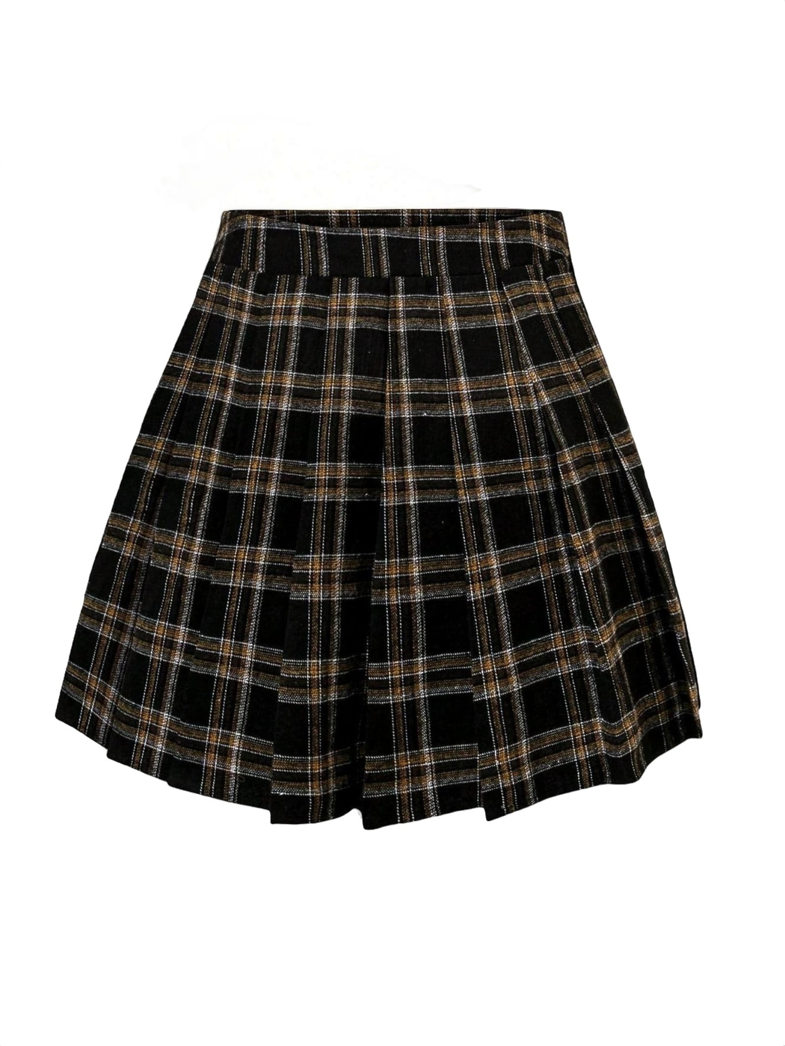 Casual Plaid Print Pleated Skirt Black And White Plus Size Skirts