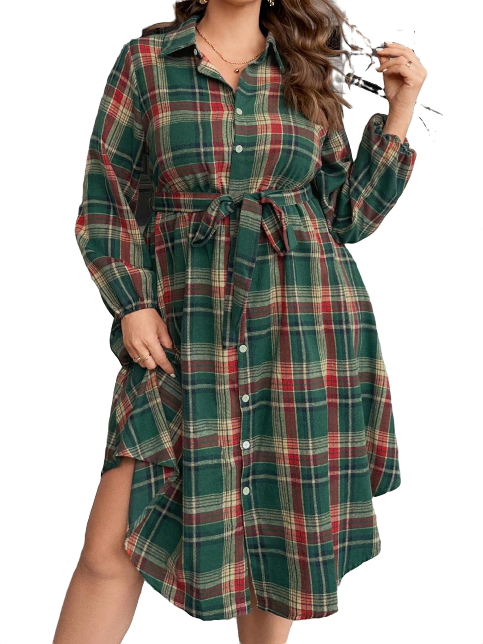 Casual Plaid Print Shirt Dress Multicolor Plus Size Dresses - Walmart.com