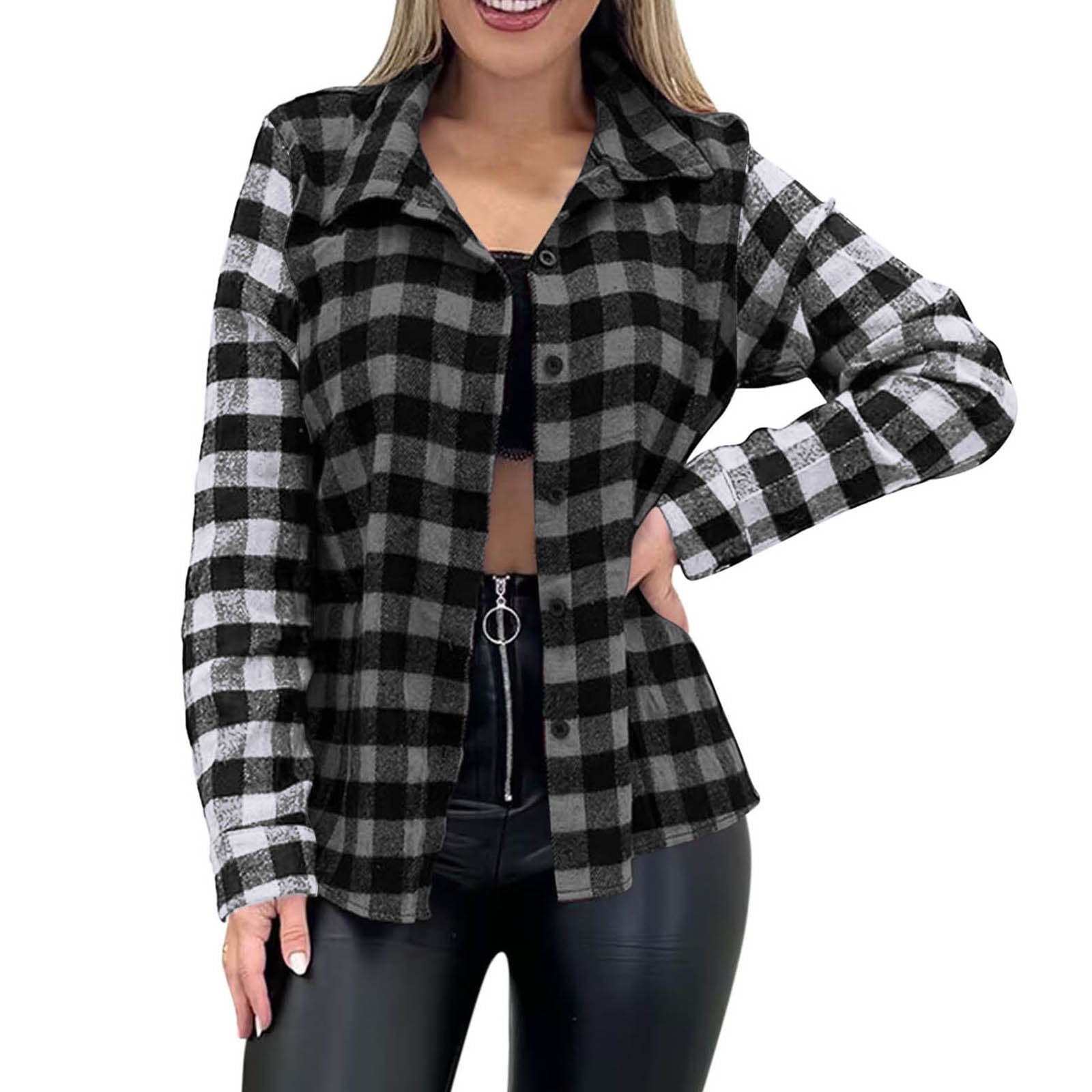 Casual Plaid Shirts for Women Button Down Long Sleeve Colorblock ...