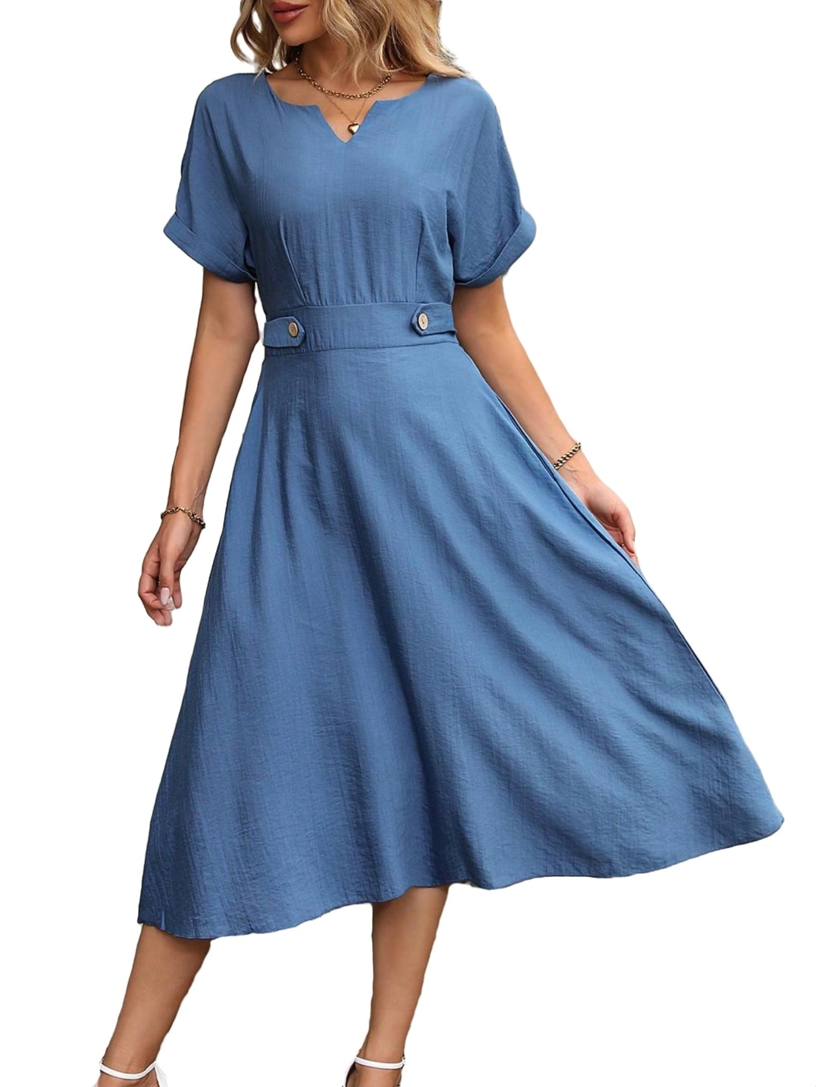 Casual Plain A Line Dress Notched Neck Blue Women Dresses - Walmart.com