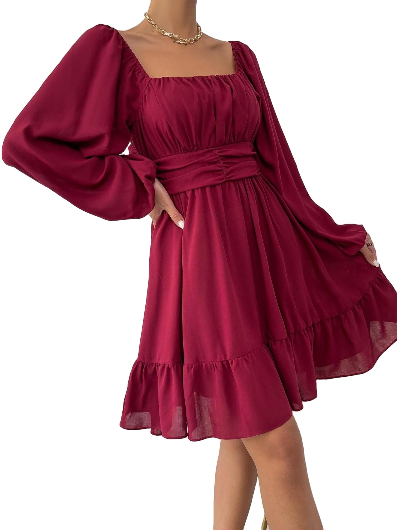 Casual Plain A Line Dress Square Neck Burgundy Women Dresses - Walmart.com