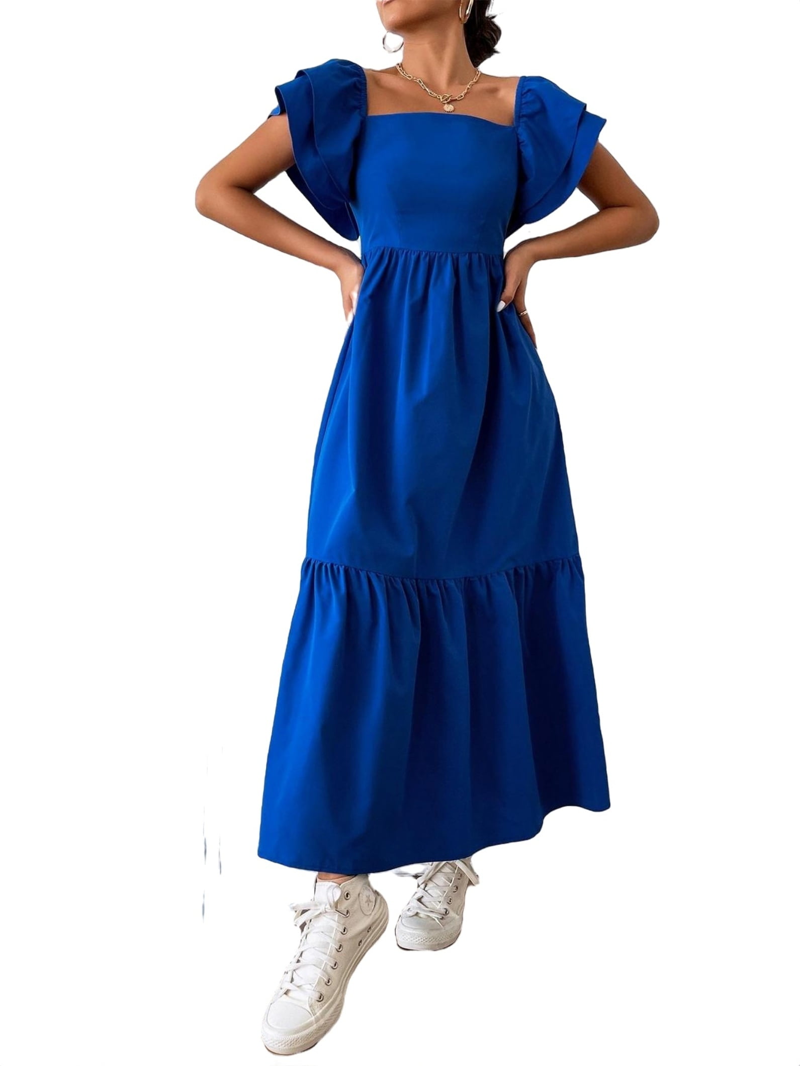 Casual Plain A Line Dress Square Neck Royal Blue Women Dresses ...