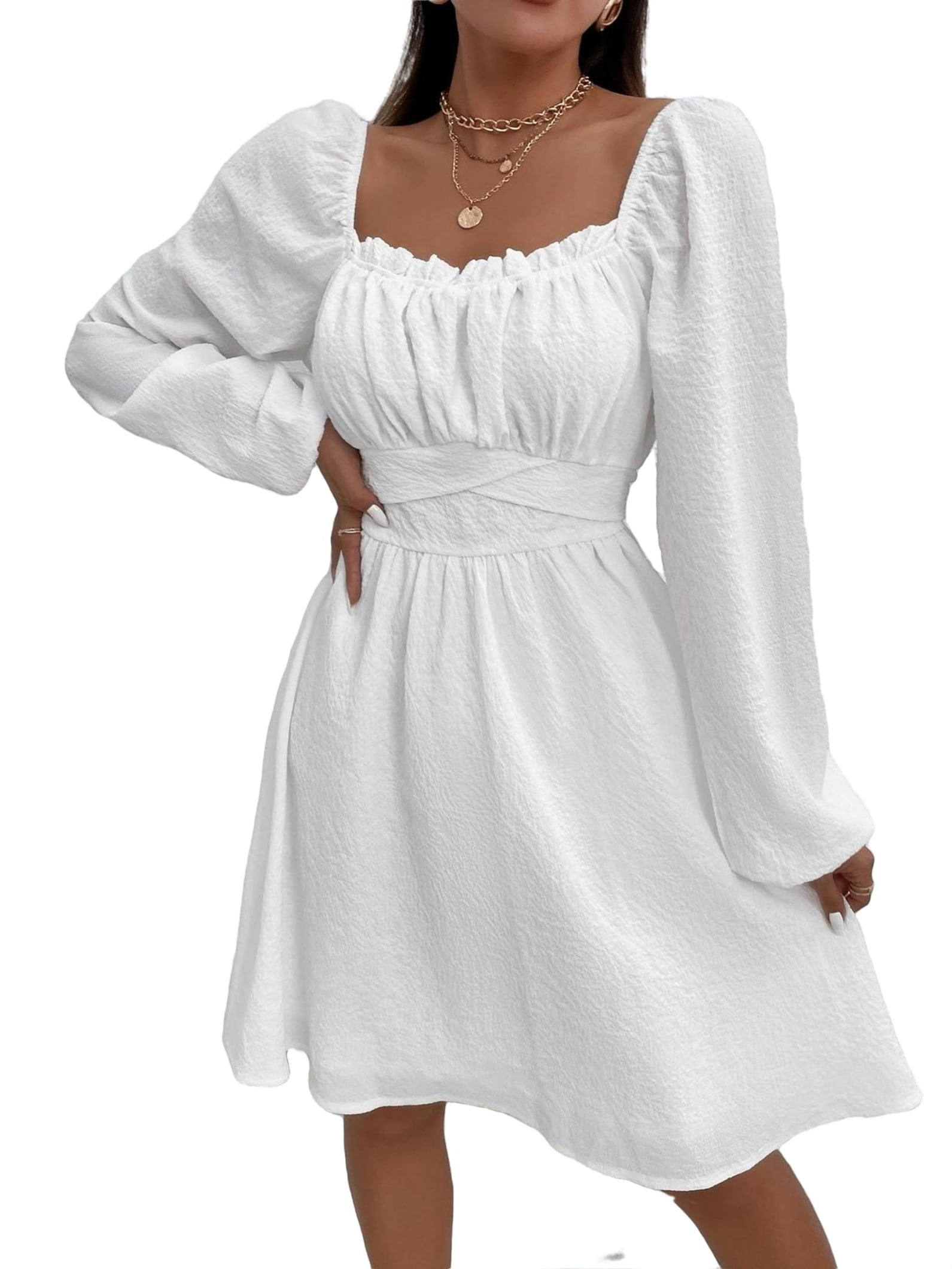 Casual Plain A Line Dress Square Neck White Women Dresses - Walmart.com