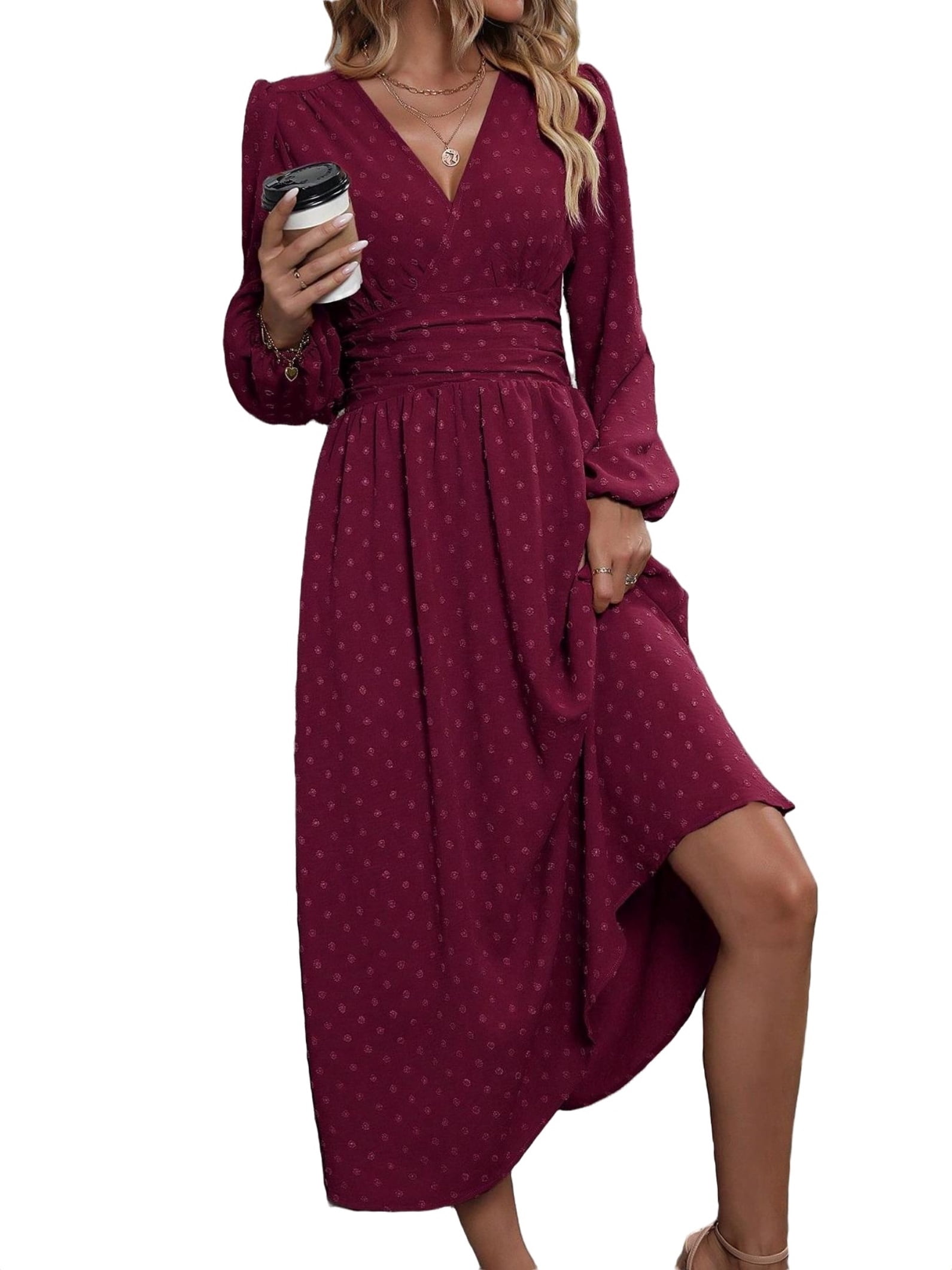 Casual Plain A Line Dress V neck Burgundy Women Dresses - Walmart.com
