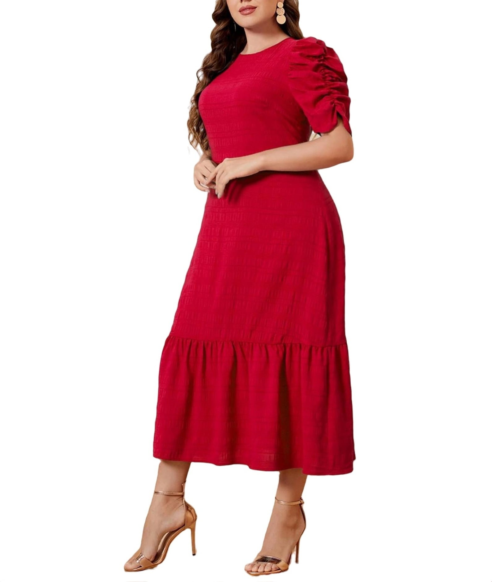 Casual Plain A Line Round Neck Red Plus Size Dresses