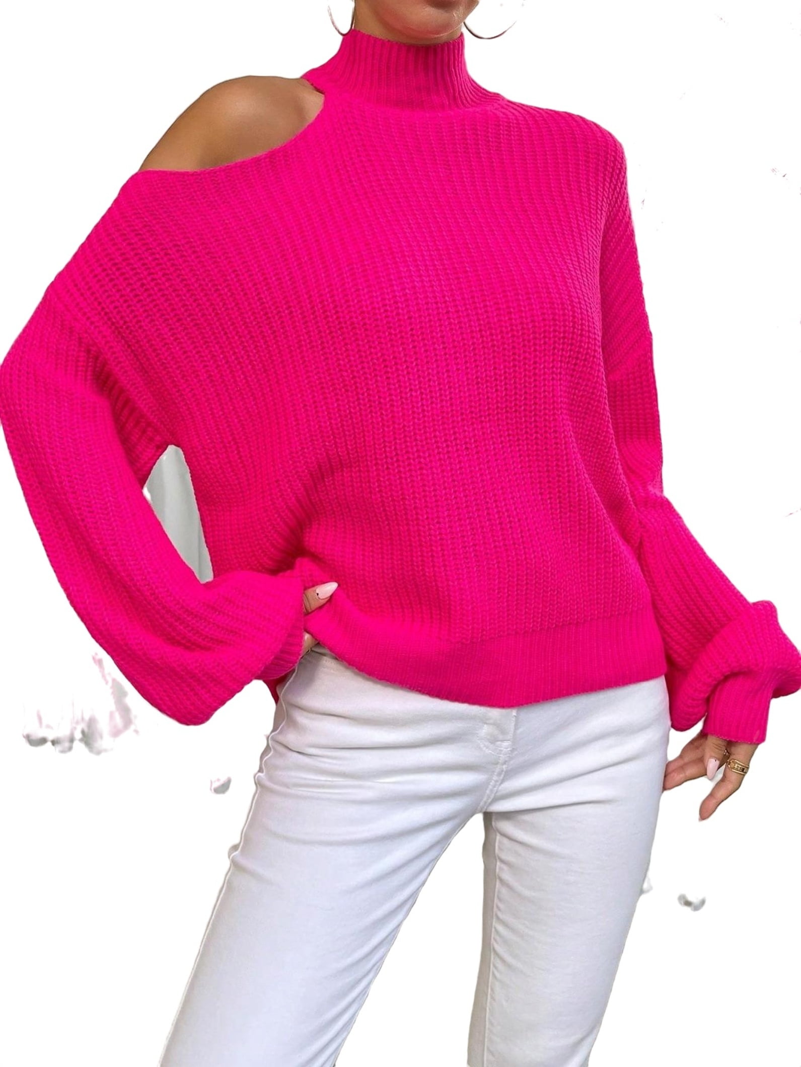 Casual Plain Asymmetrical Neck Pullovers Long Sleeve Hot Pink Women ...
