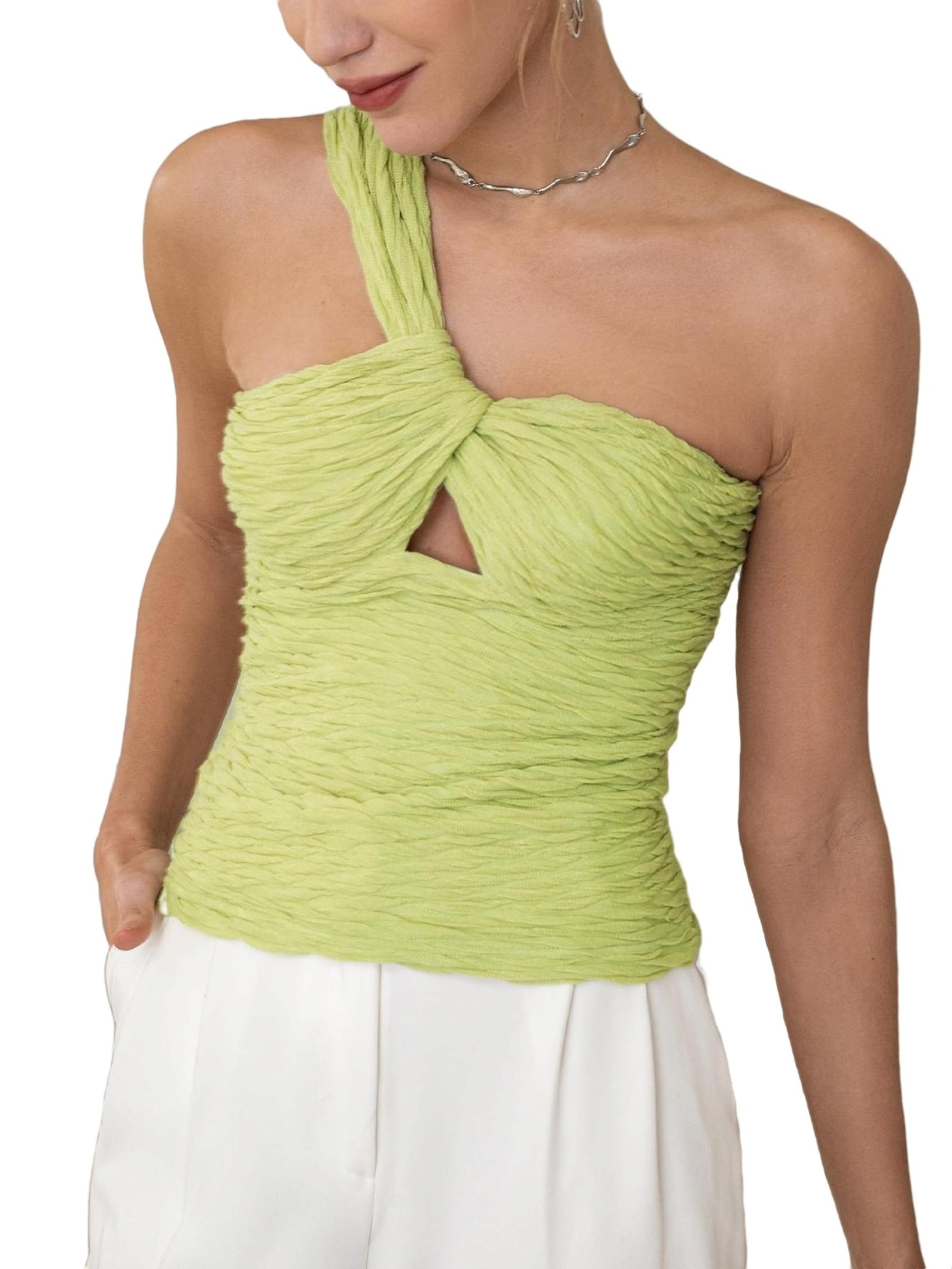Casual Plain Asymmetrical Neck Sleeveless Lime Green Women Tops (Women ...