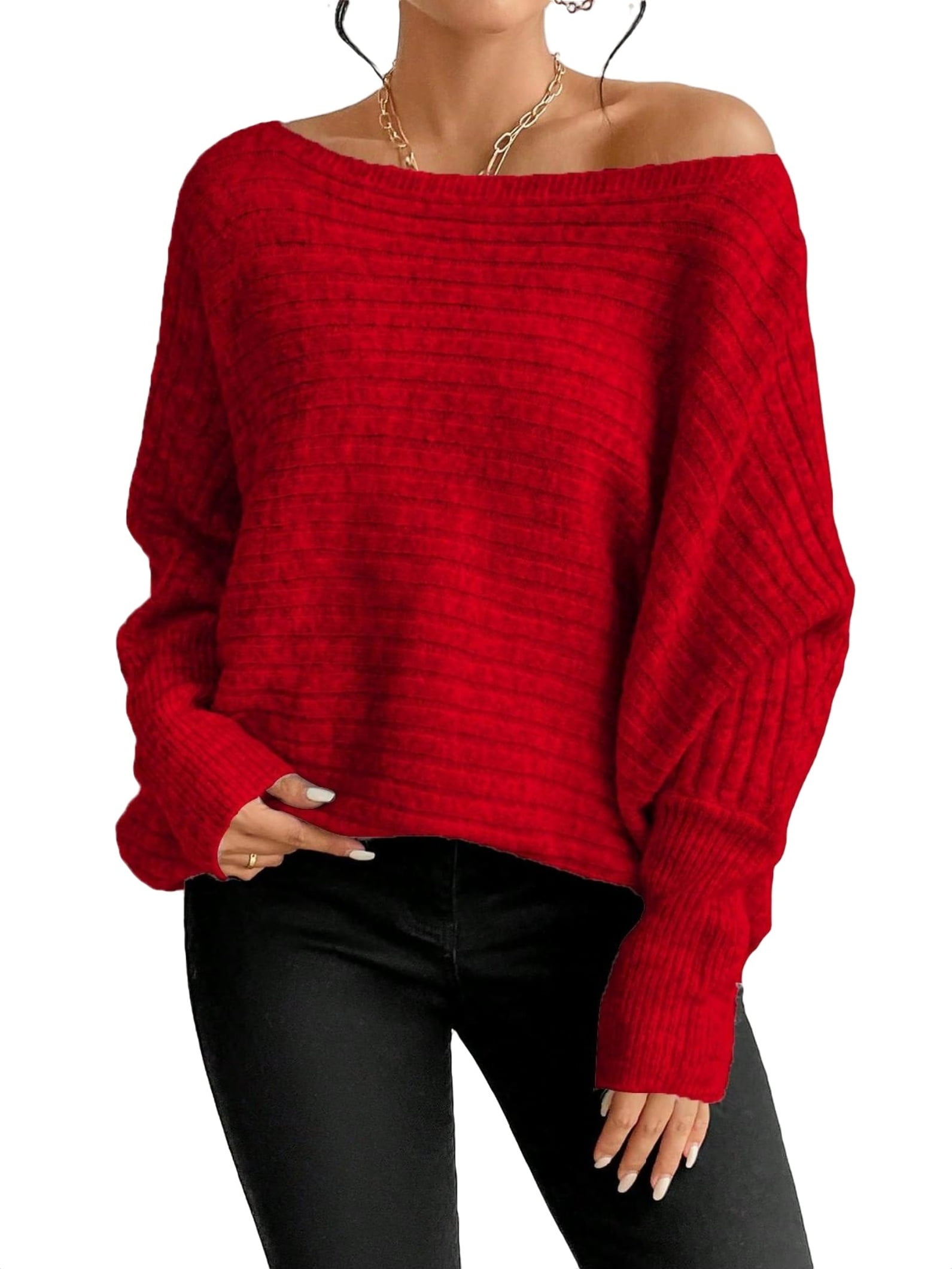 Casual Plain Boat Neck Pullovers Long Sleeve Red Women Sweaters (Women ...