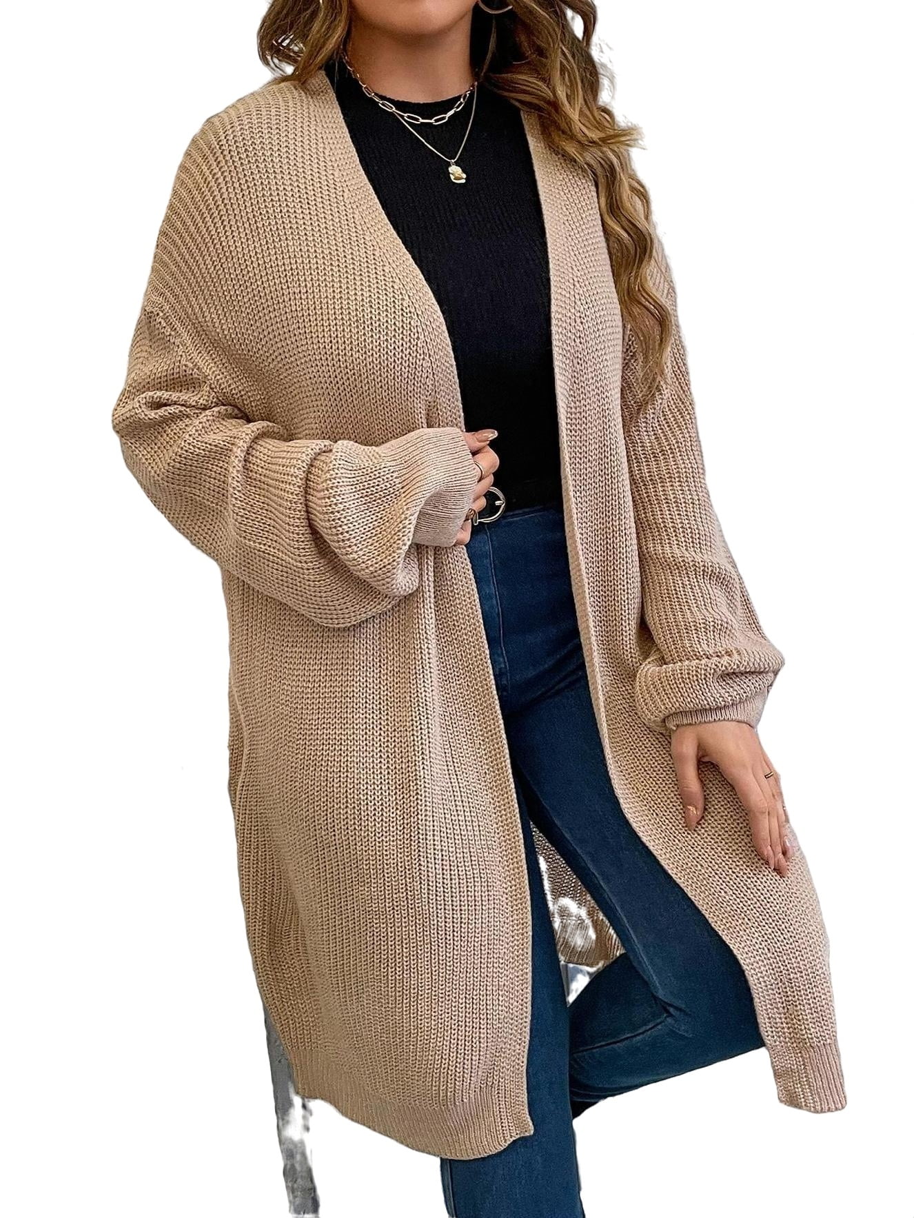 Casual Plain Cardigan Long Sleeve Khaki Plus Size Cardigans (Women's ...