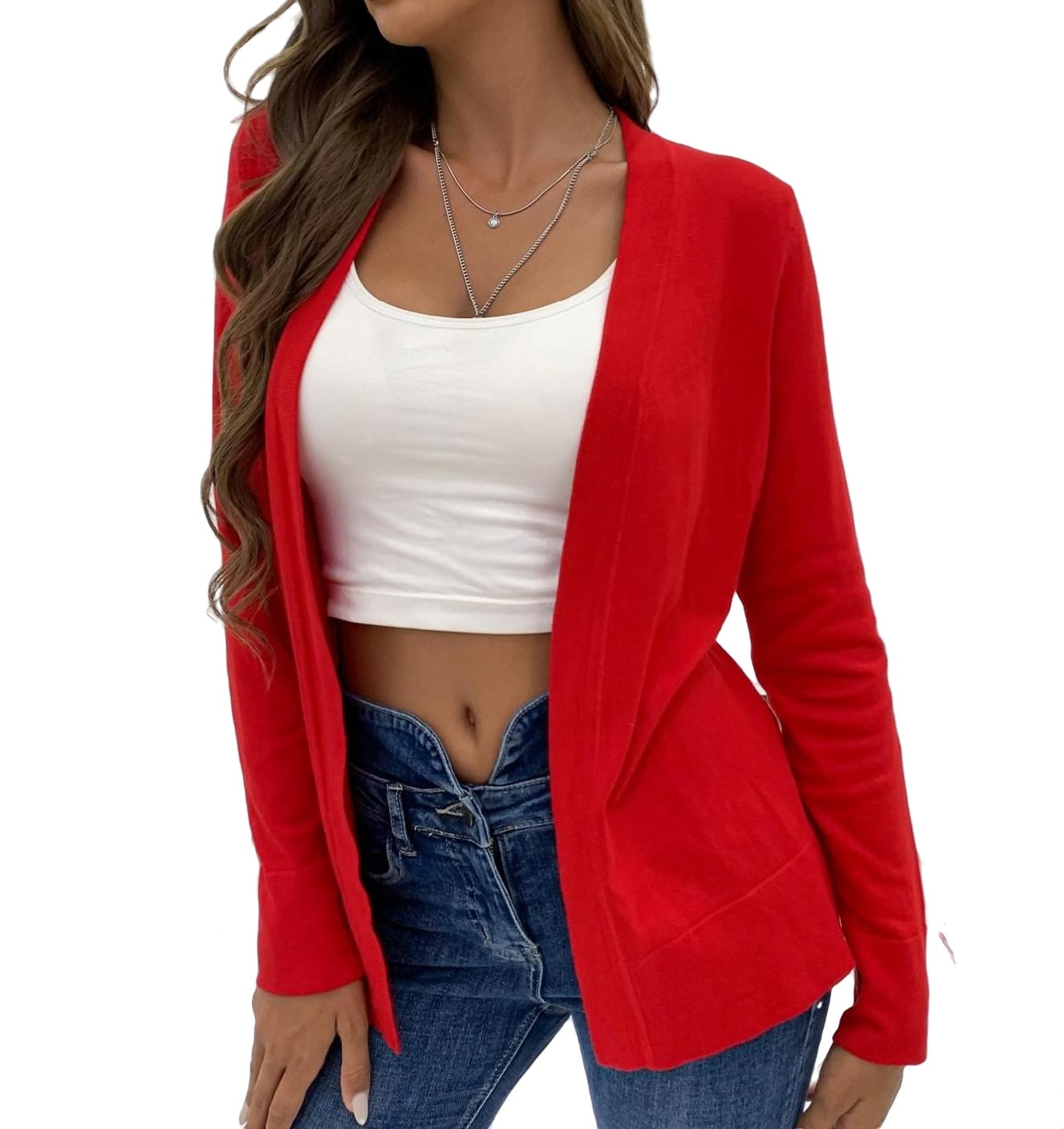 Casual Plain Cardigan Long Sleeve Red Women Cardigans (Women's ...