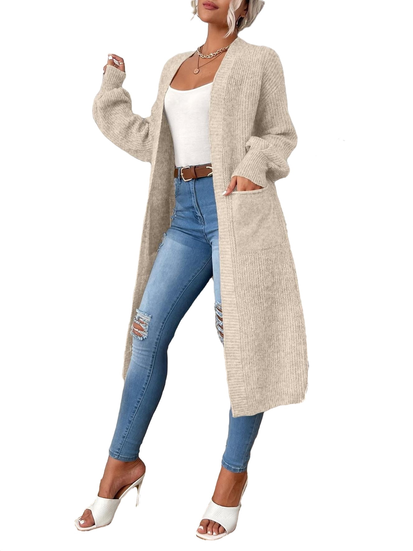 Casual Plain Coat Long Sleeve Apricot Women Cardigans (Women's ...