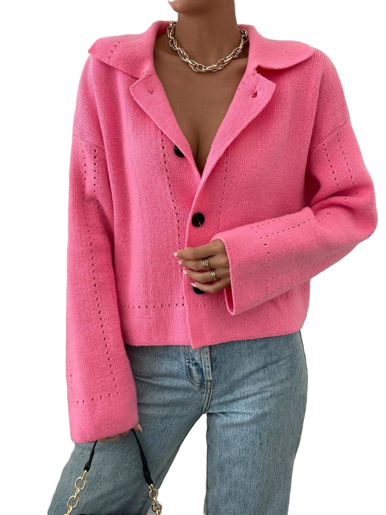 Casual Plain Collar Long Sleeve Pink Women Cardigans (Women's ...