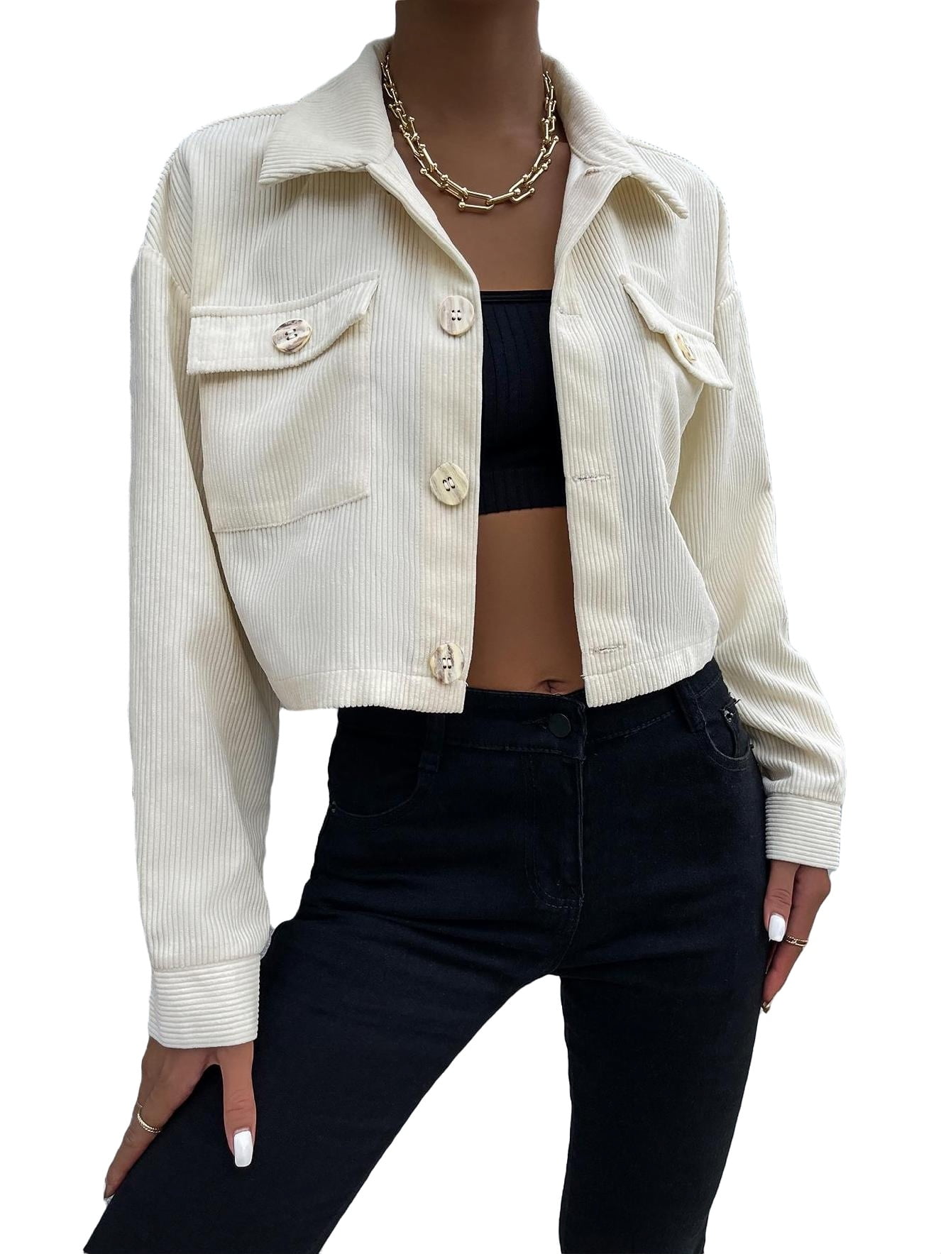 Casual Plain Collar Shacket Long Sleeve Beige Women's Jackets (Women's ...