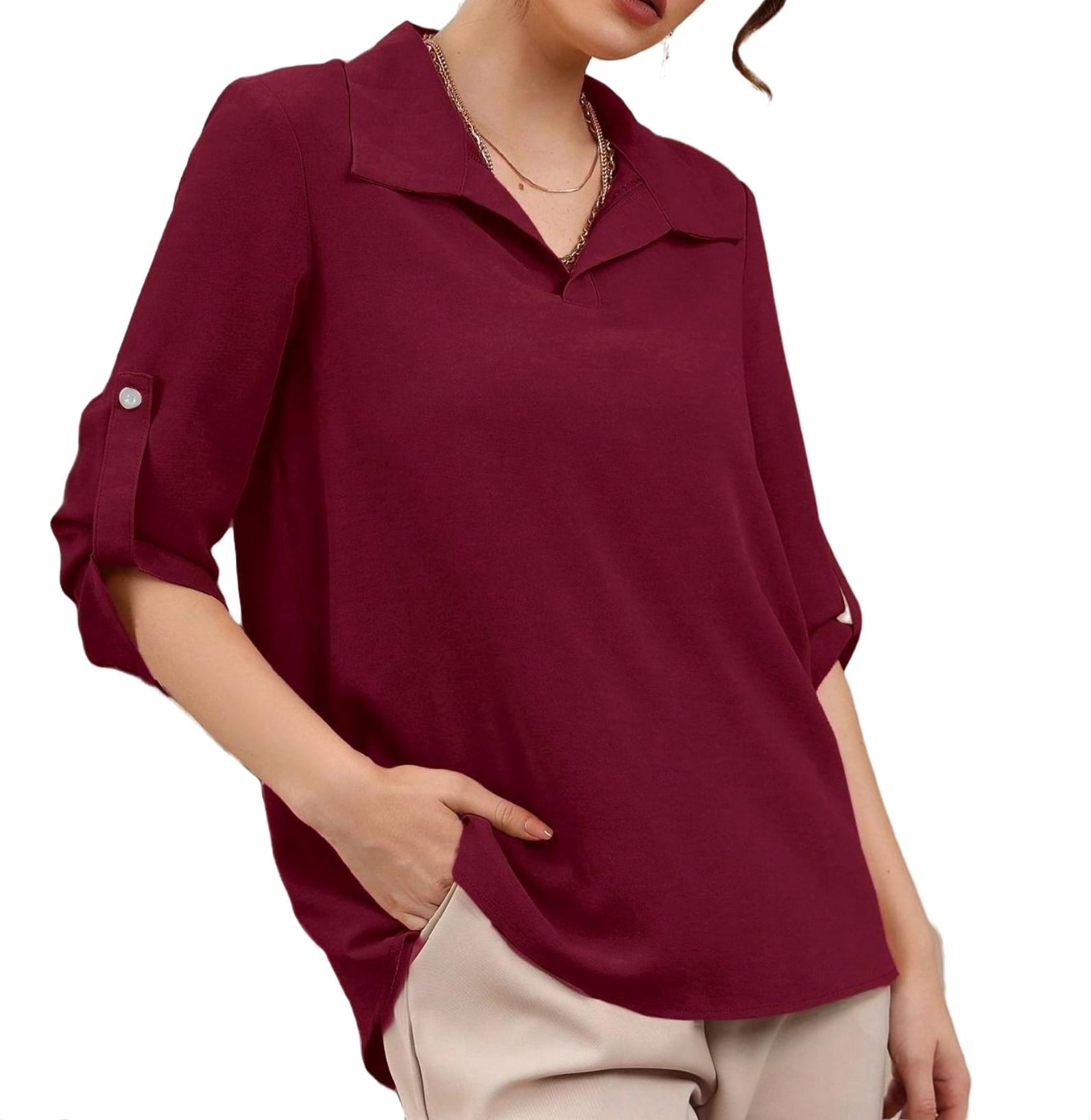 Casual Plain Collar Shirt Long Sleeve Red Violet Women Blouses (Women's ...