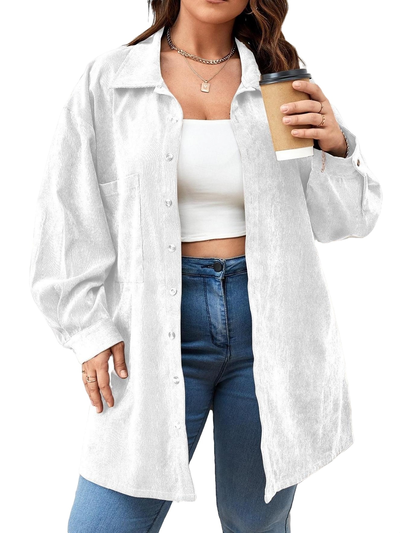 Casual Plain Collar Shirt Long Sleeve White Plus Size Blouses (Women's ...