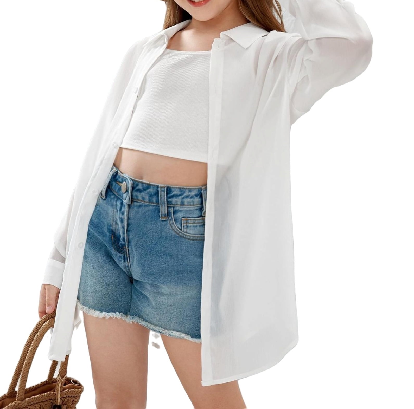 Casual Plain Collar Shirt Long Sleeve White Tween Girls Blouses (Girl's ...