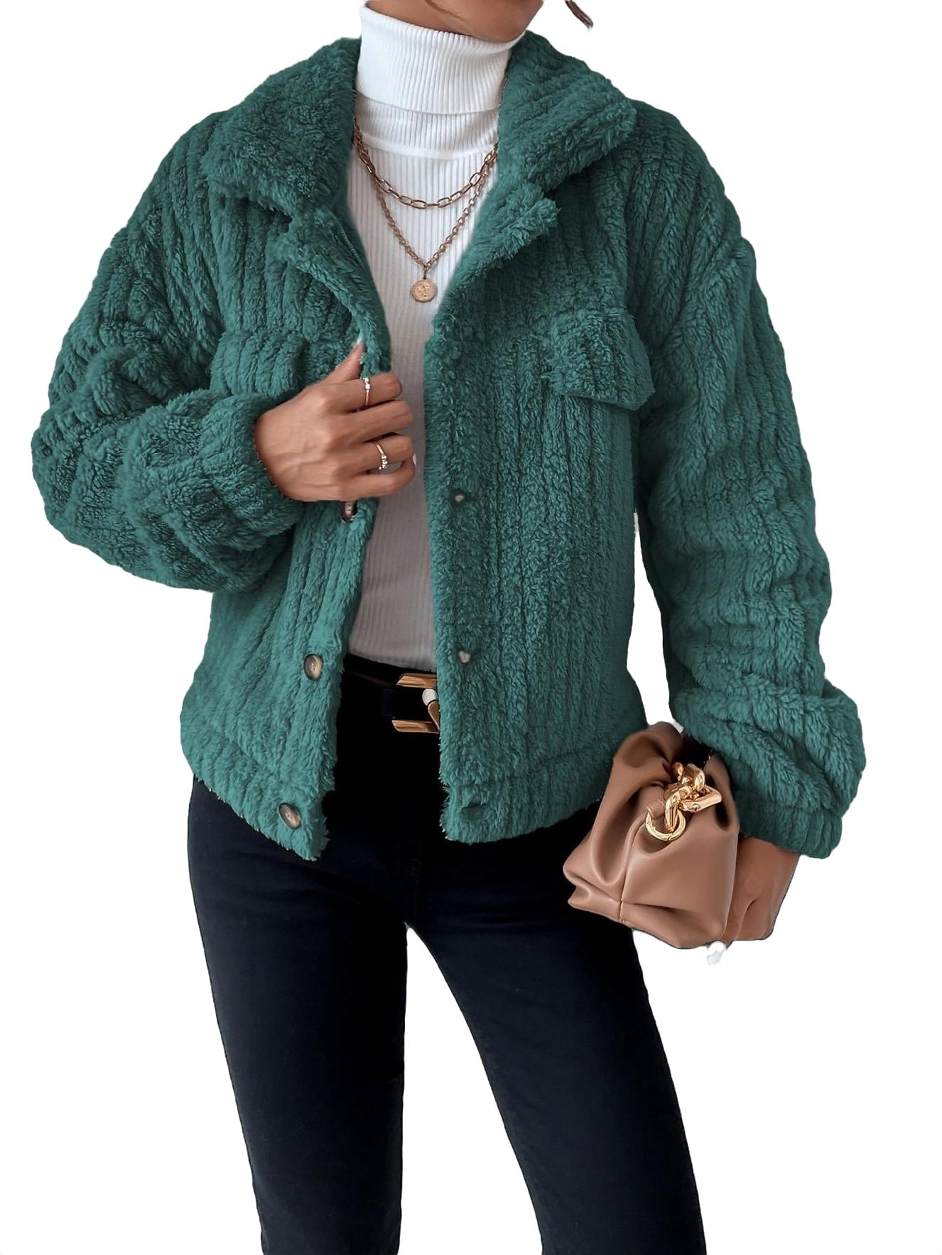 Casual Plain Collar Teddy Long Sleeve Dark Green Women's Jackets (Women ...