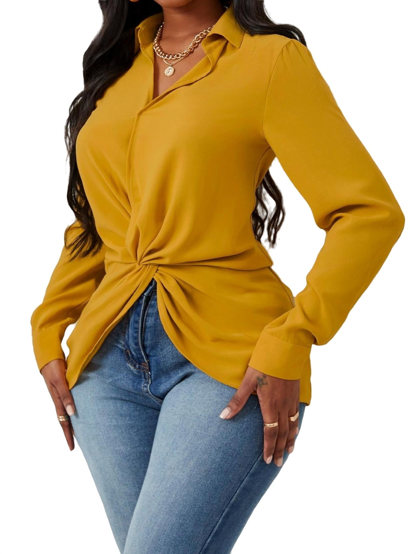 Casual Plain Collar Top Long Sleeve Mustard Yellow Women Blouses (Women ...