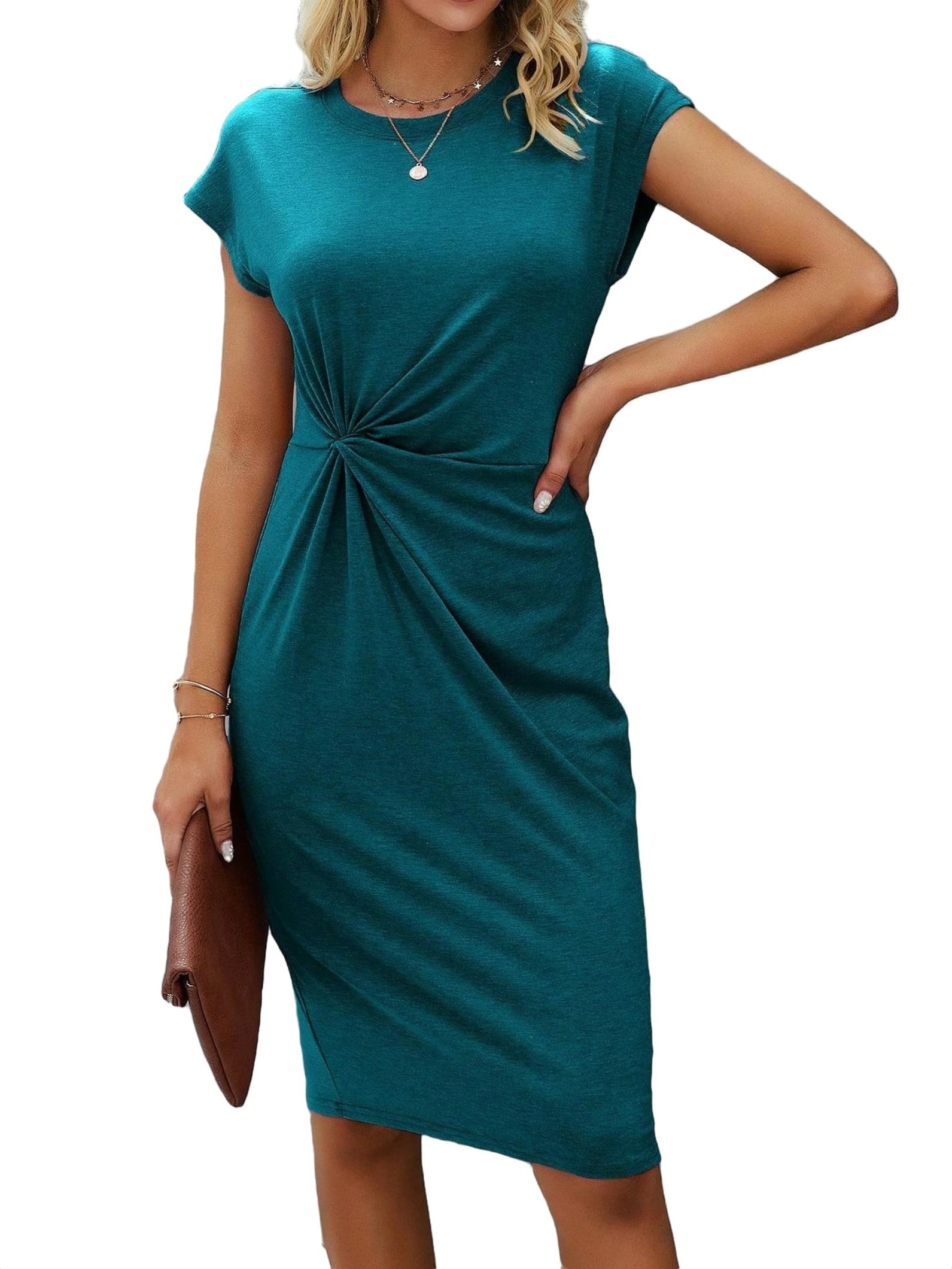 Casual Plain Fitted Dress Round Neck Teal Blue Women Dresses - Walmart.com