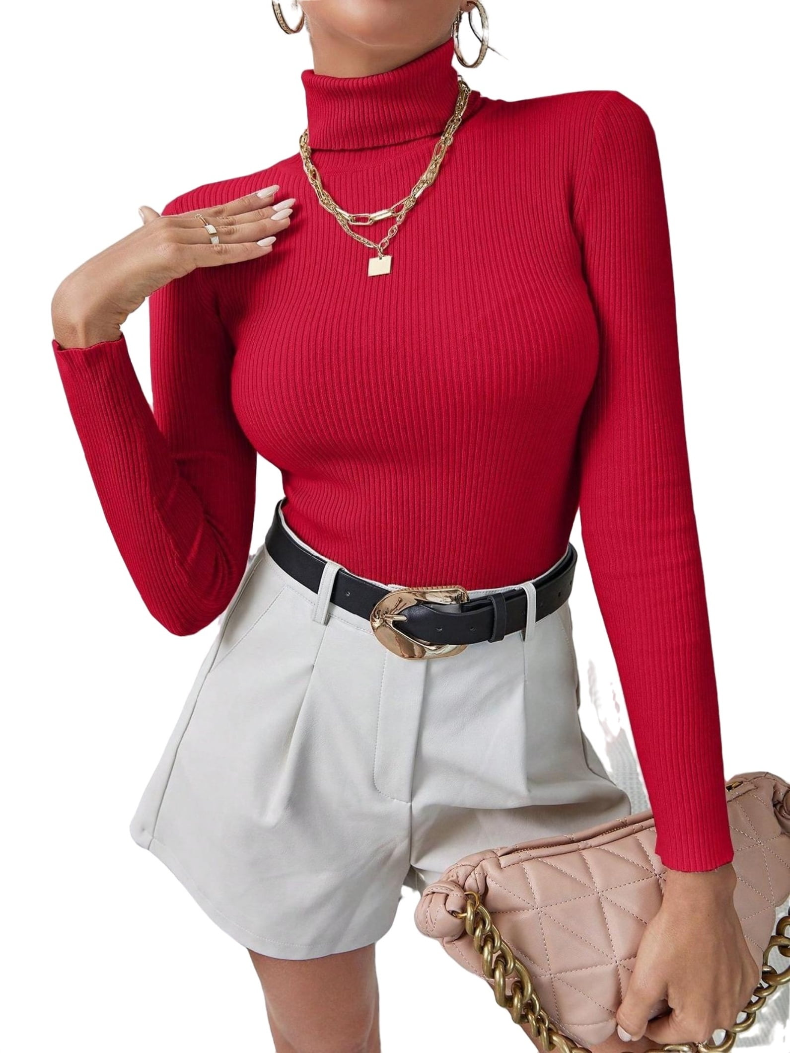Casual Plain High Neck Basic Tops Long Sleeve Red Women Sweaters (Women ...